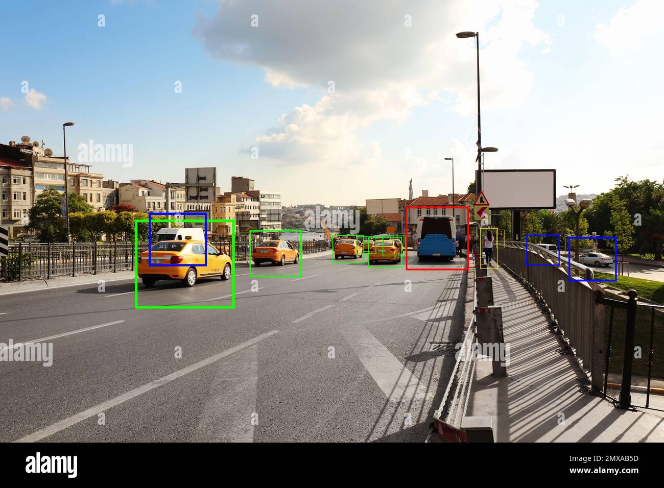 City road with scanner frames on cars outdoors. Machine learning Stock ...