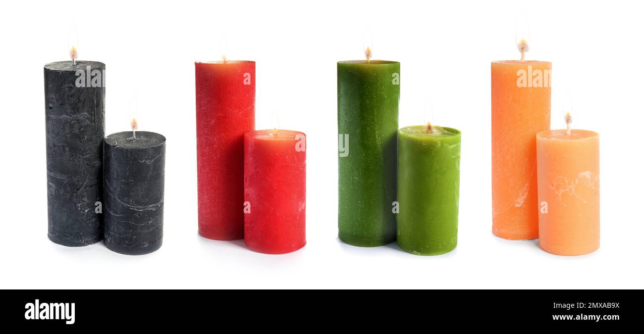 Set of burning color candles on white background. Banner design Stock ...
