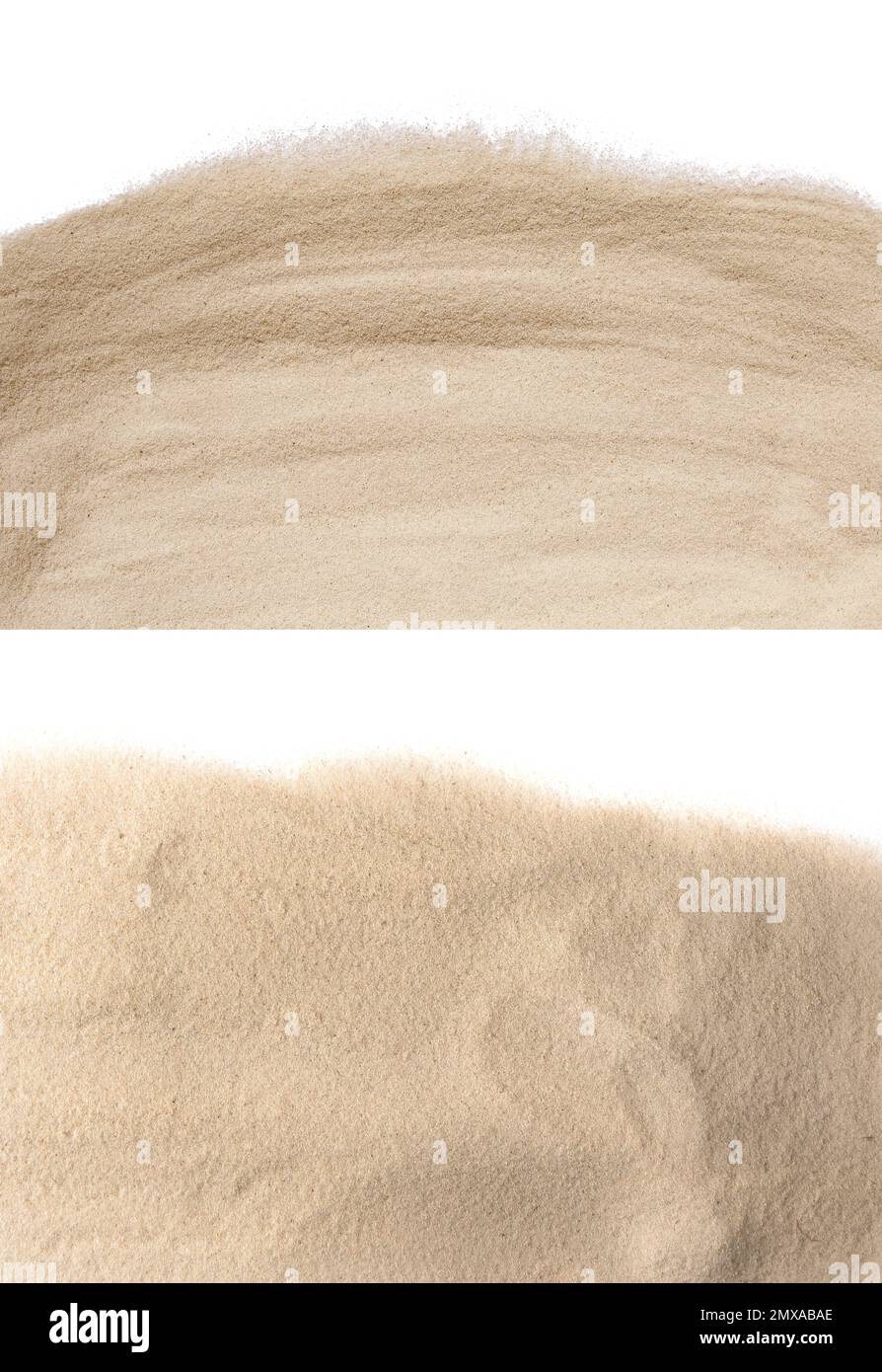 Heaps of dry beach sand on white background, top view Stock Photo - Alamy