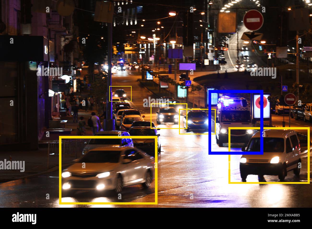 Night city road with scanner frames on cars. Machine learning Stock ...