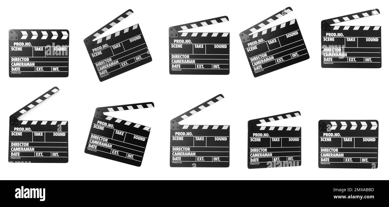 Set of clapper boards on white background, banner design. Cinema ...