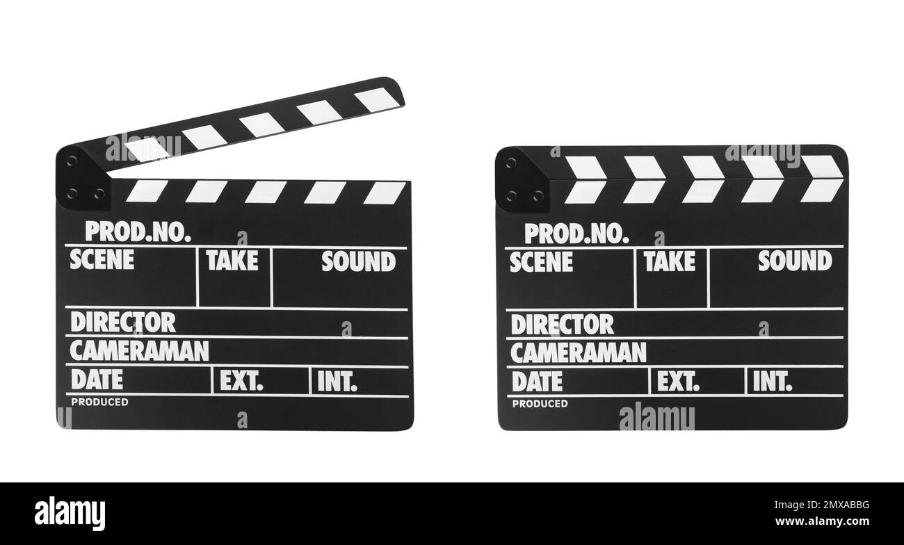 Two clapper boards on white background. Cinema production Stock Photo ...