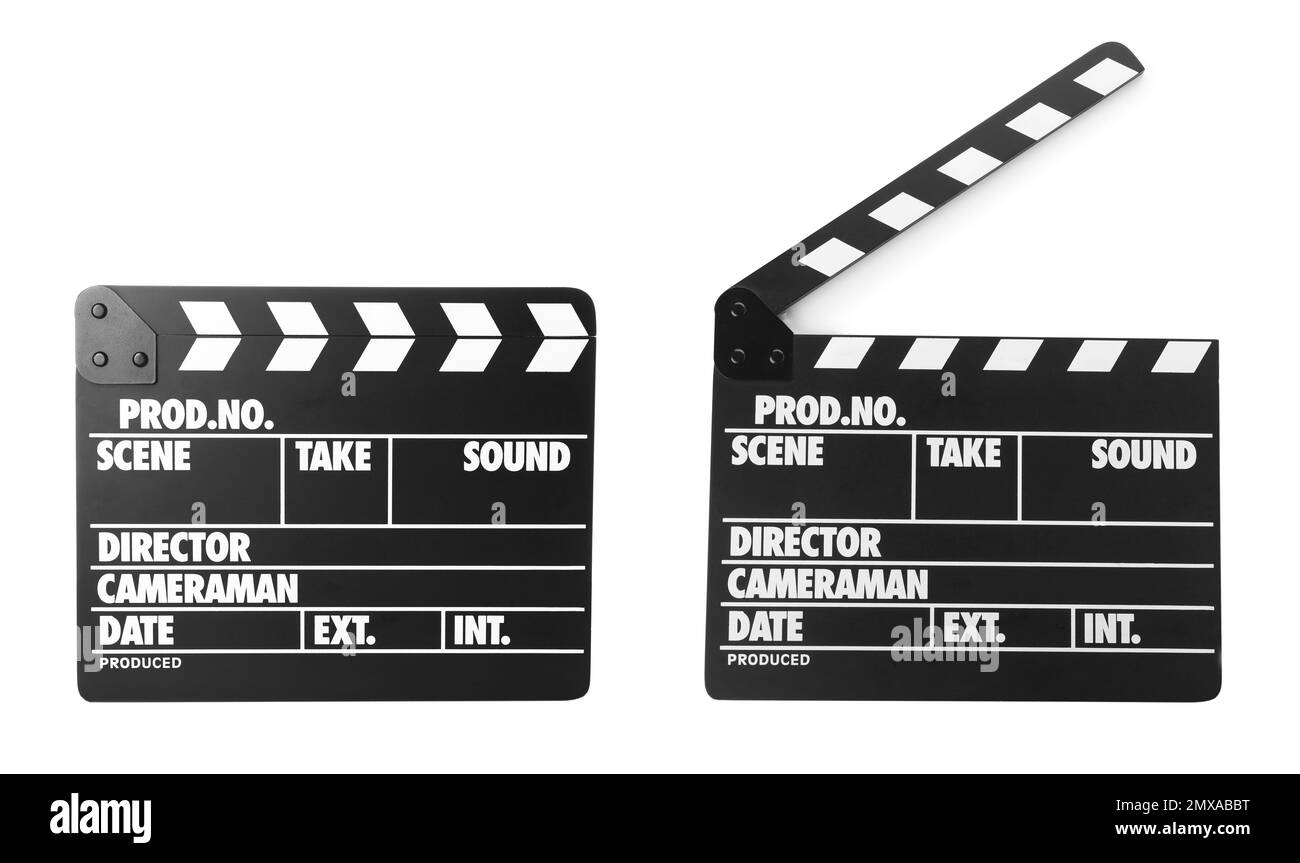 Two clapper boards on white background. Cinema production Stock Photo ...