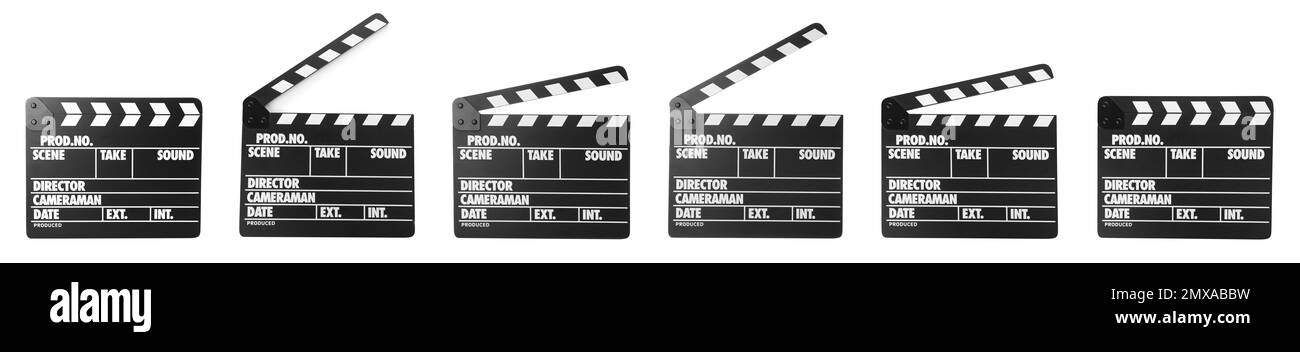Set of clapper boards on white background, banner design. Cinema ...