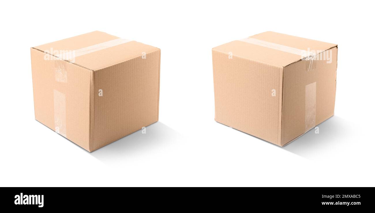 New closed cardboard boxes on white background Stock Photo - Alamy