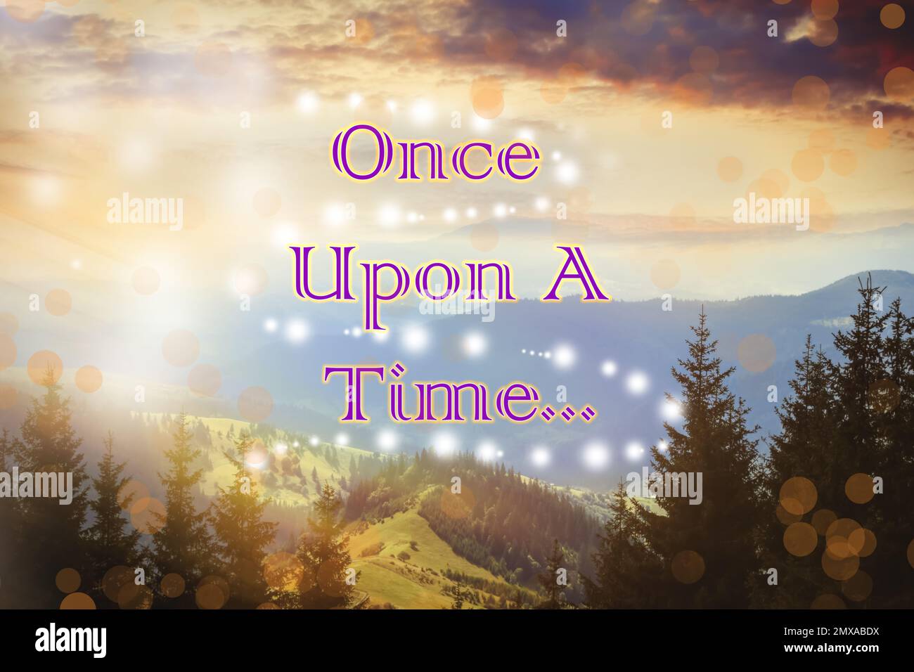 Beautiful mountain landscape with magic lights and text Once upon a ...
