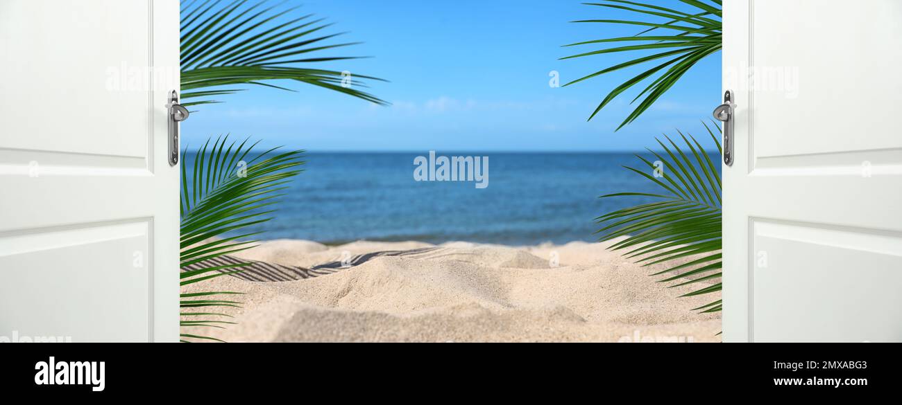 Doors open into sandy beach near sea on sunny day. Banner design Stock ...