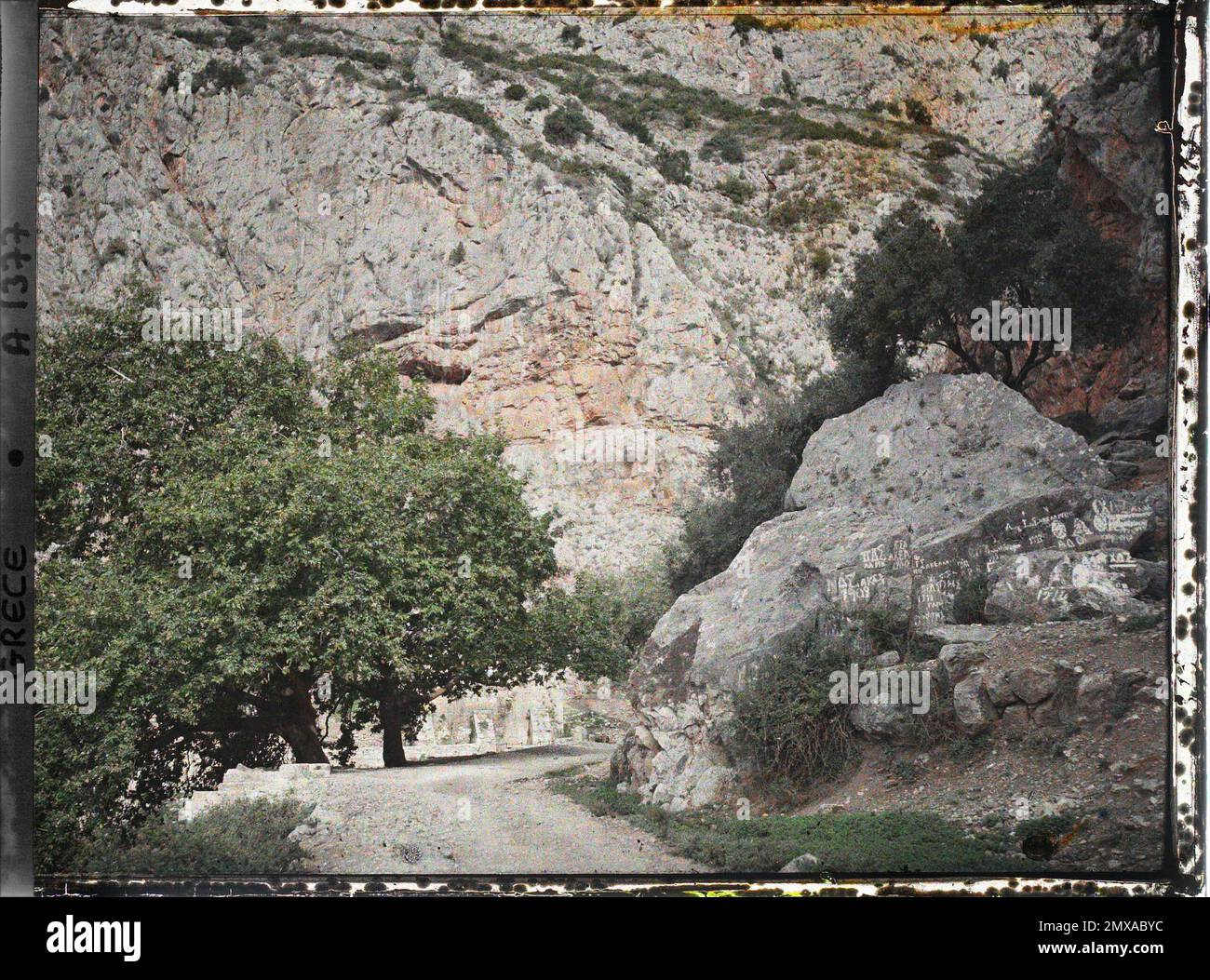 Surroundings of Delphi, Greece elbow of the Arakhova pass road. Rocks ...