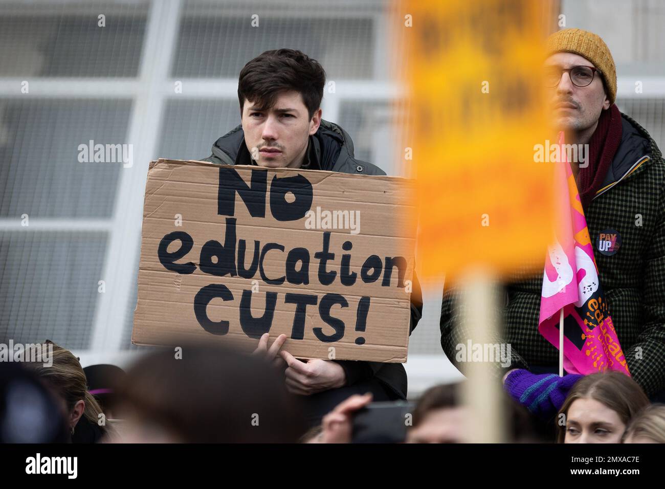 London, UK. 01st Feb, 2023. A supporter holds a pro-education placard ...
