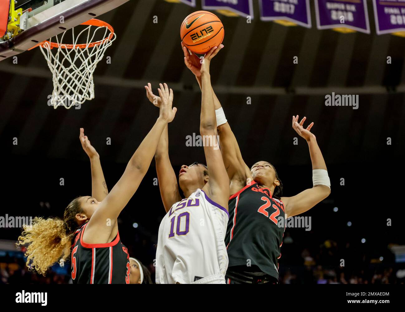 Georgia forward Malury Bates (22) blocks a shot by LSU forward Angel ...