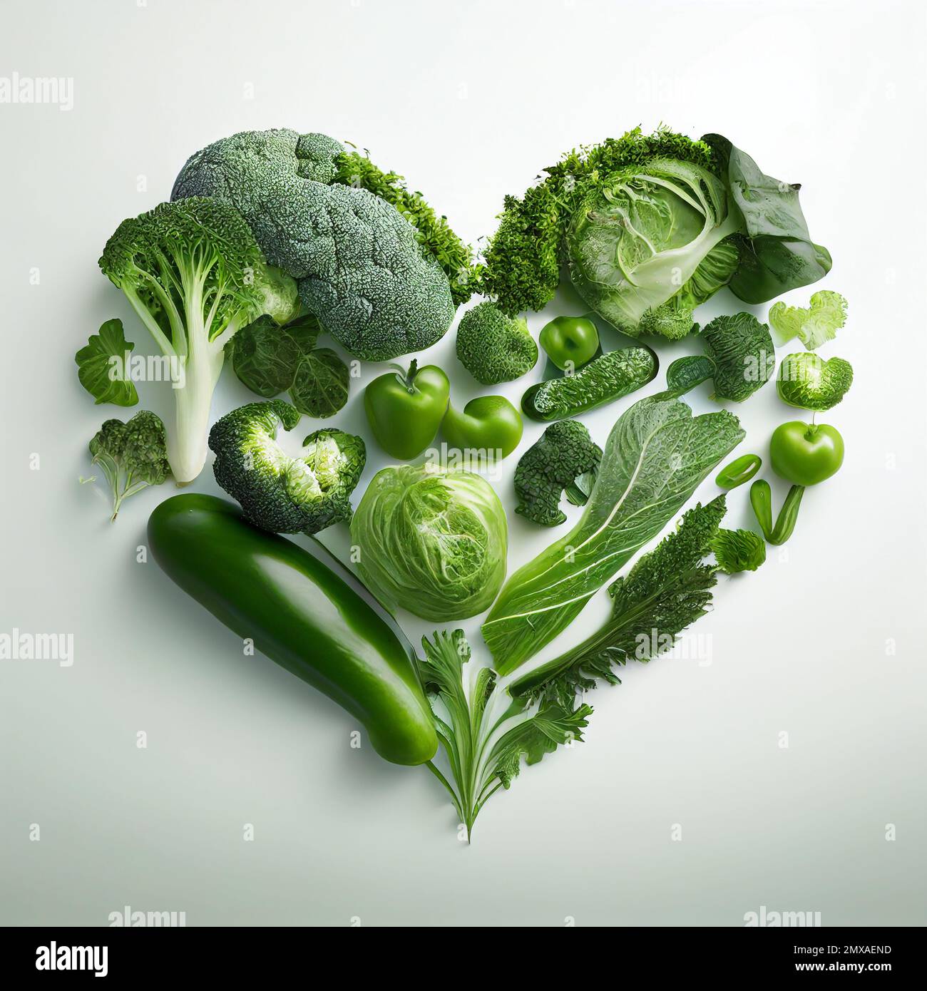 Group of green vegetable be arrange in heart shape on white background ...