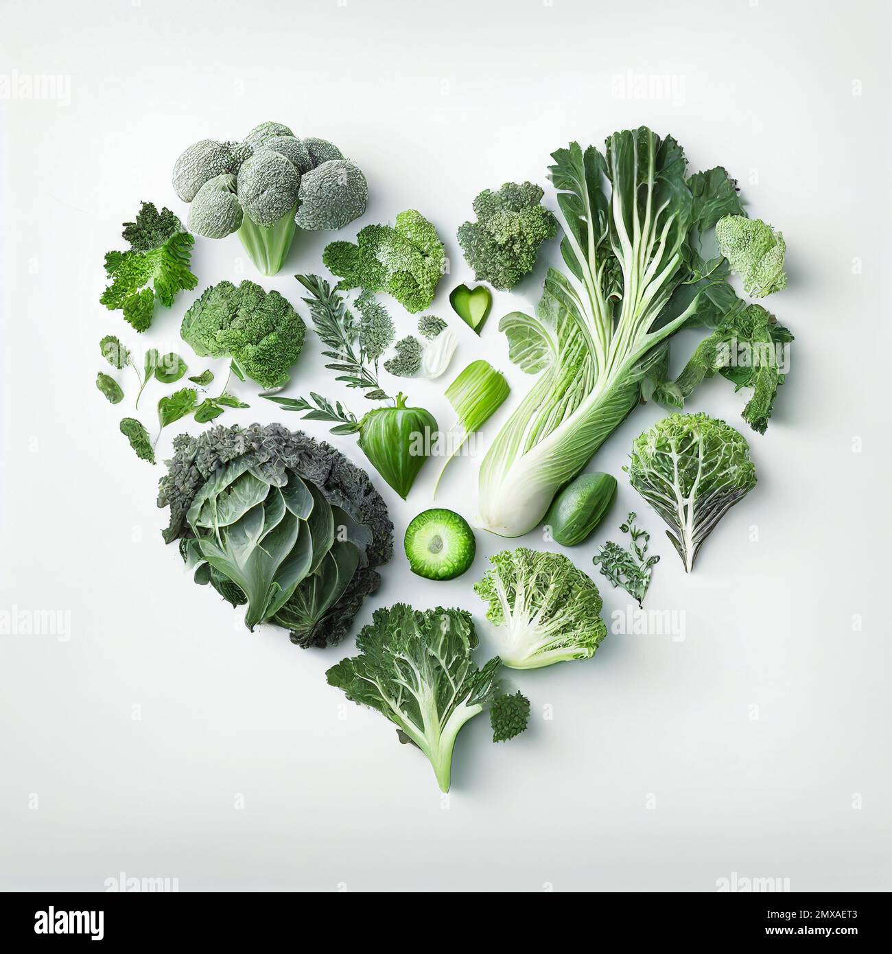 Group of green vegetable be arrange in heart shape on white background ...