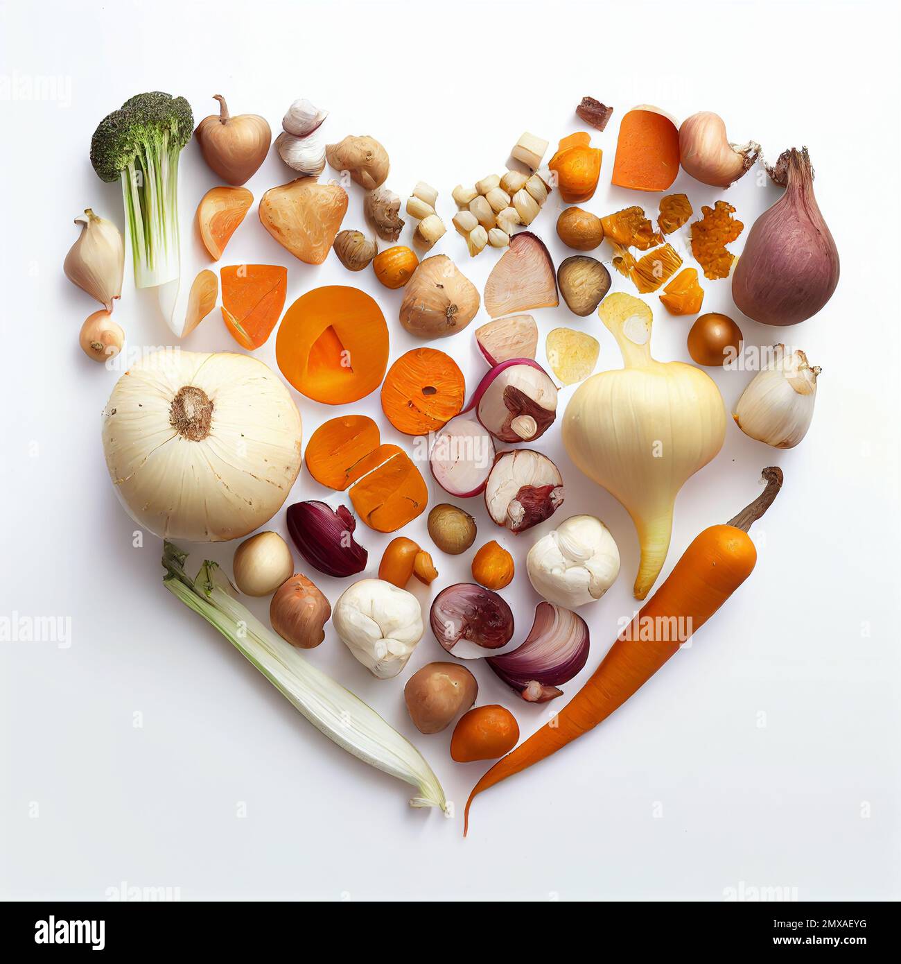 Group of carrot, onion, garlic and mushroom be arrange in heart shape ...