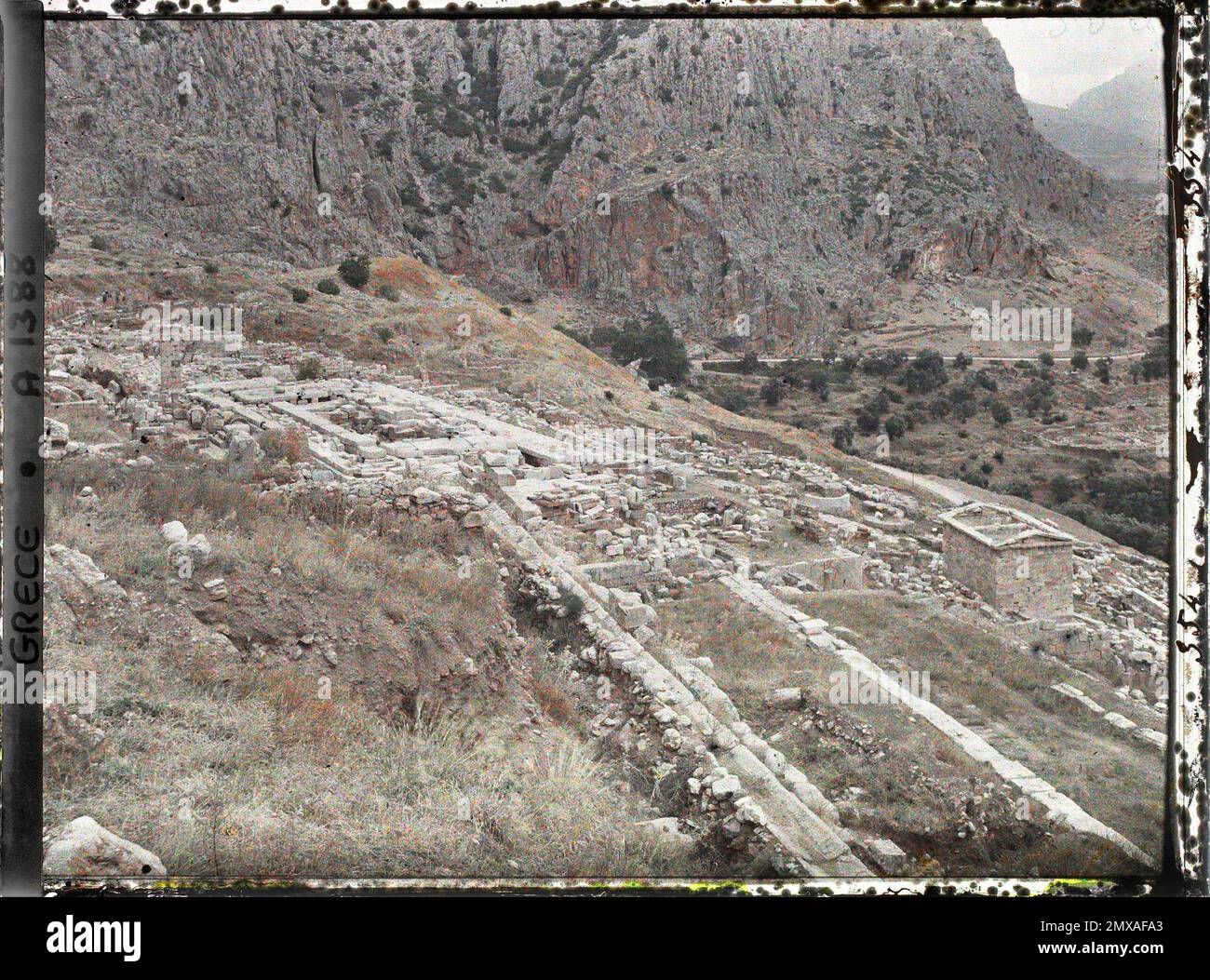 Delphi (archaeological site), Greece plunging view on temenos or Hieron ...