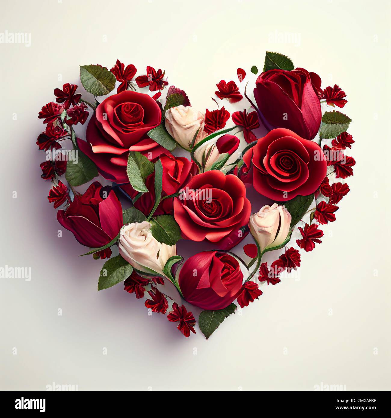 Drawing style of group of red rose flower be arrange in heart shape on ...