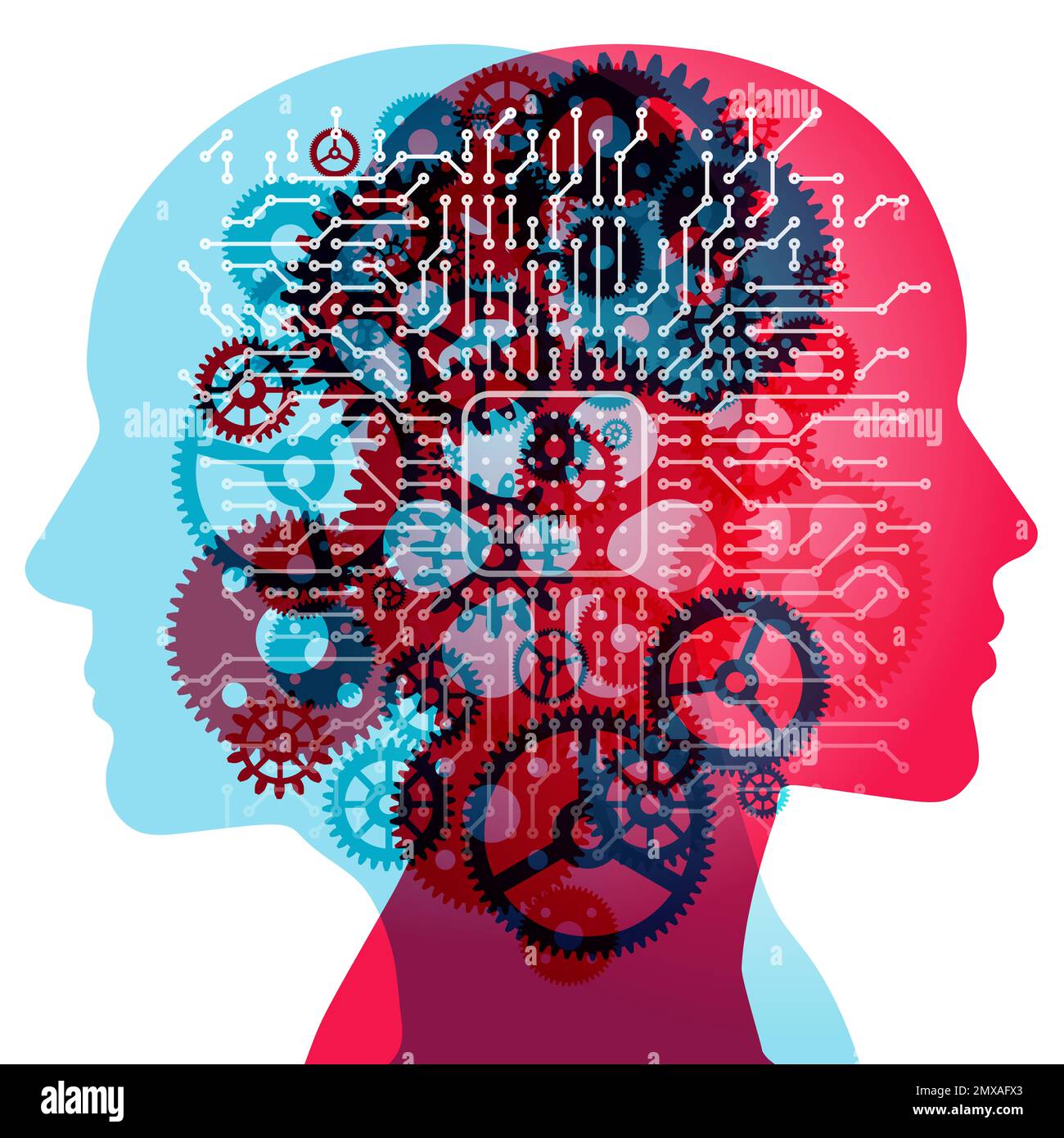 2-person back-to-back silhouette overlaid with semi-transparent Machine ...