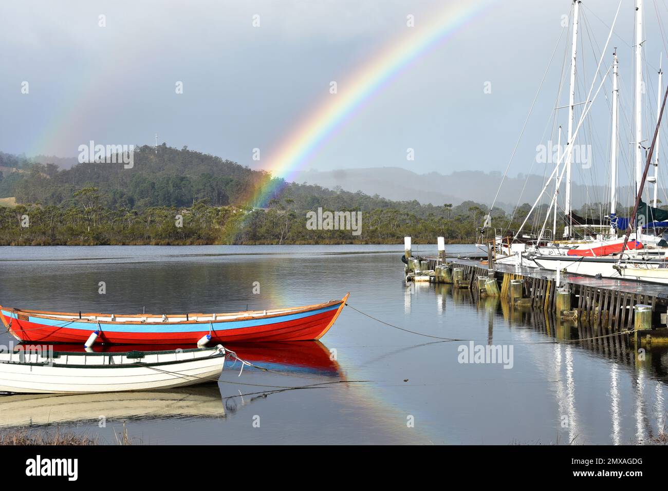 Pier with rainbow and yachts near the Wooden Boat Centre at Franklin ...