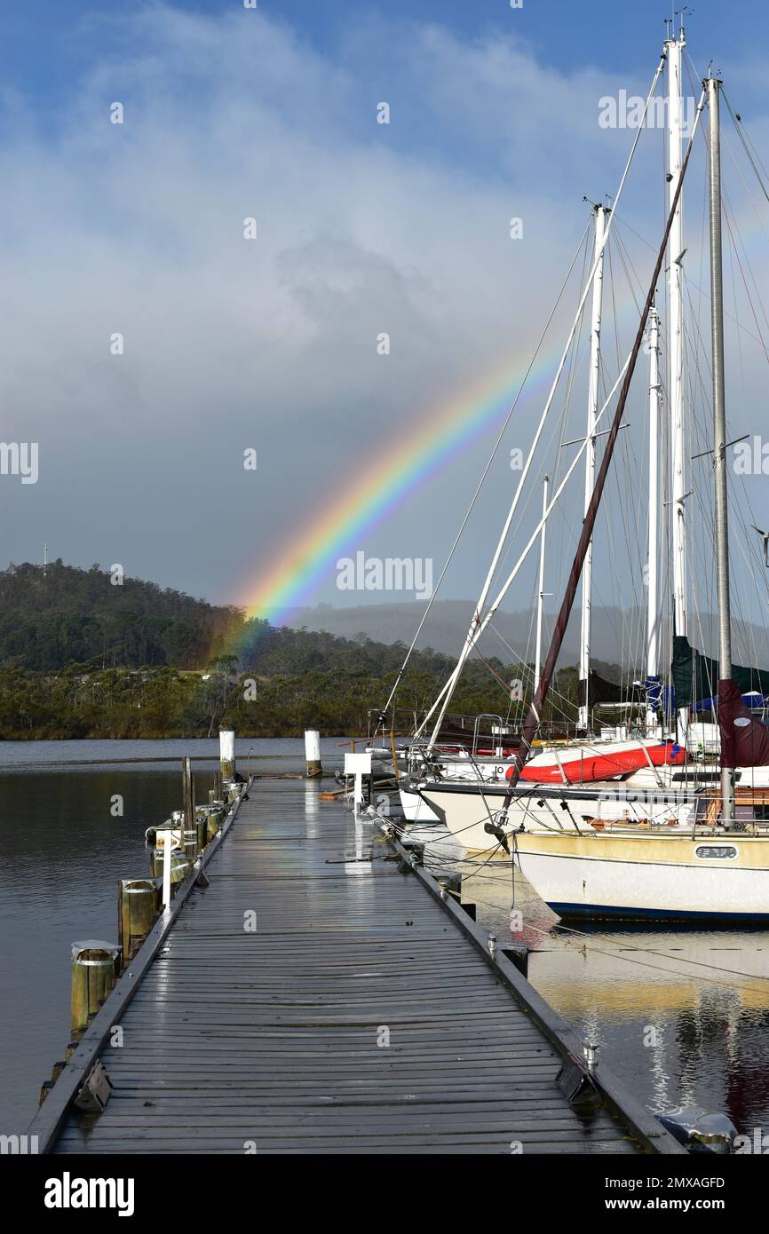 Pier with rainbow and yachts near the Wooden Boat Centre at Franklin ...