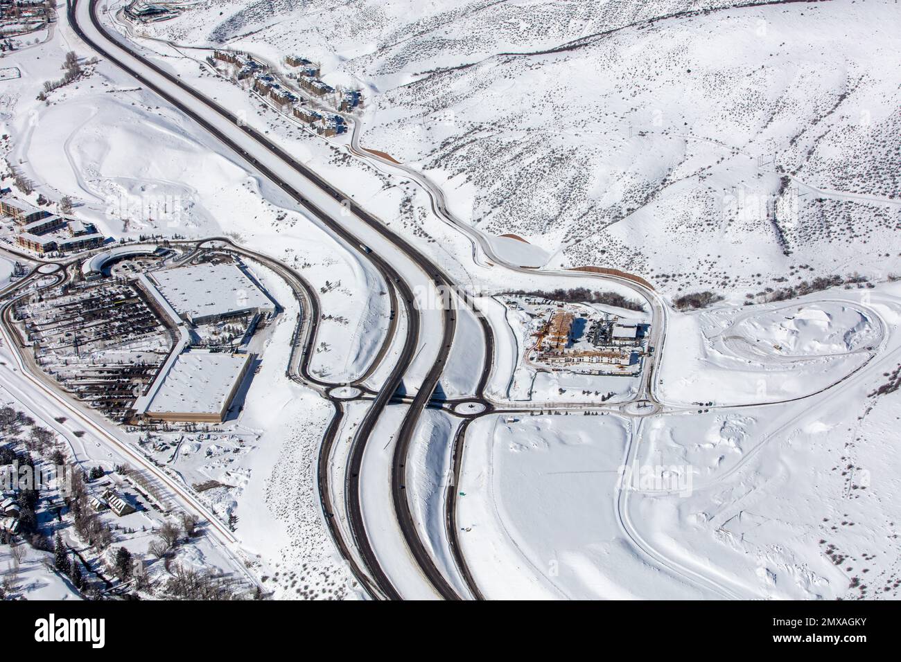 Aerial view of Interstate 70 highway near Avon, Colorado on a sunny ...