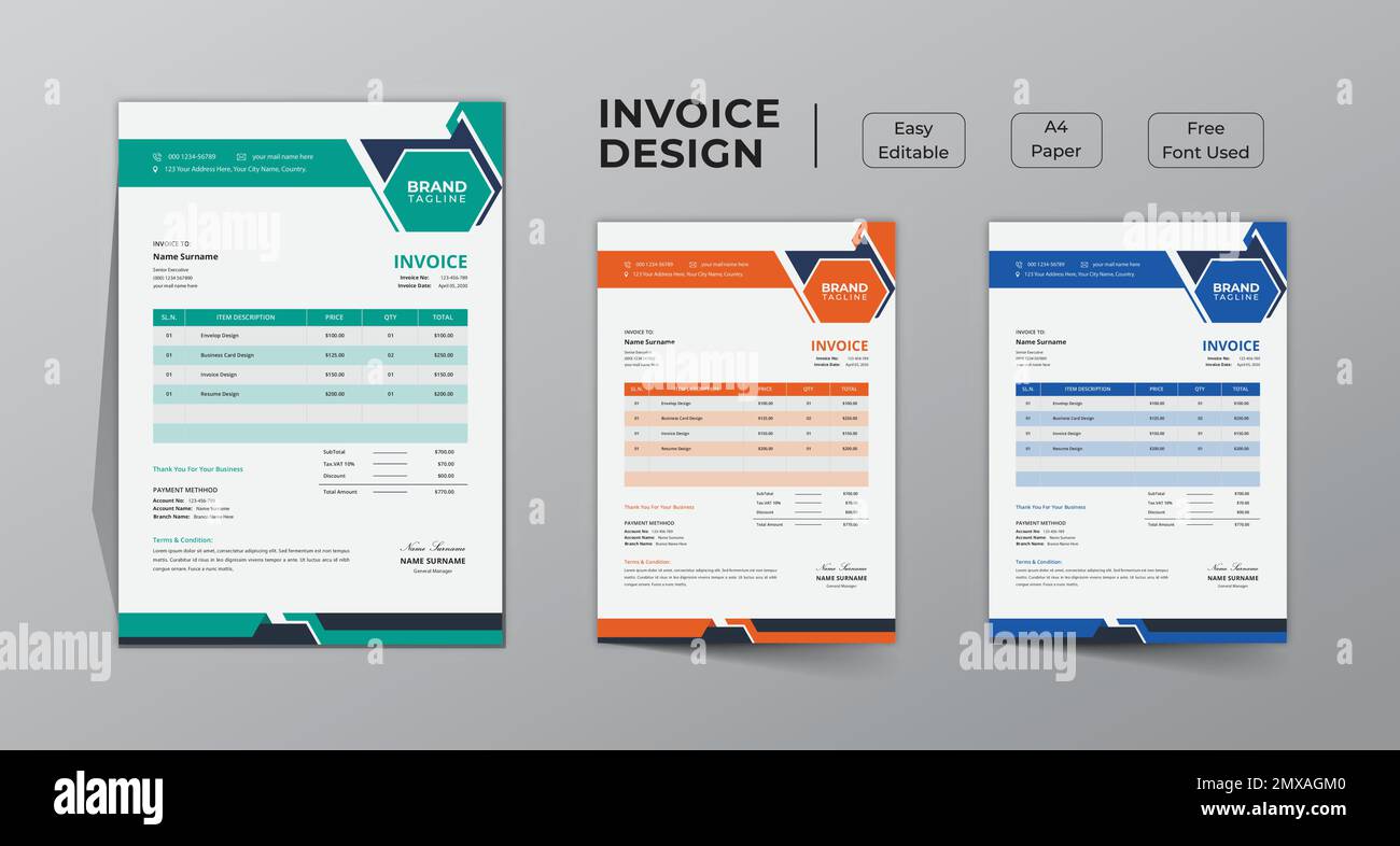 Business invoice template design with price receipt, payment agreement ...