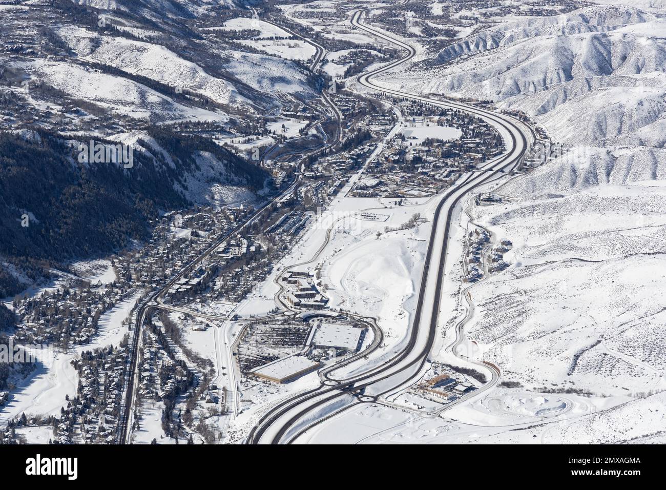 Aerial view of Avon, Colorado, USA on a sunny Winter afternoon Stock ...
