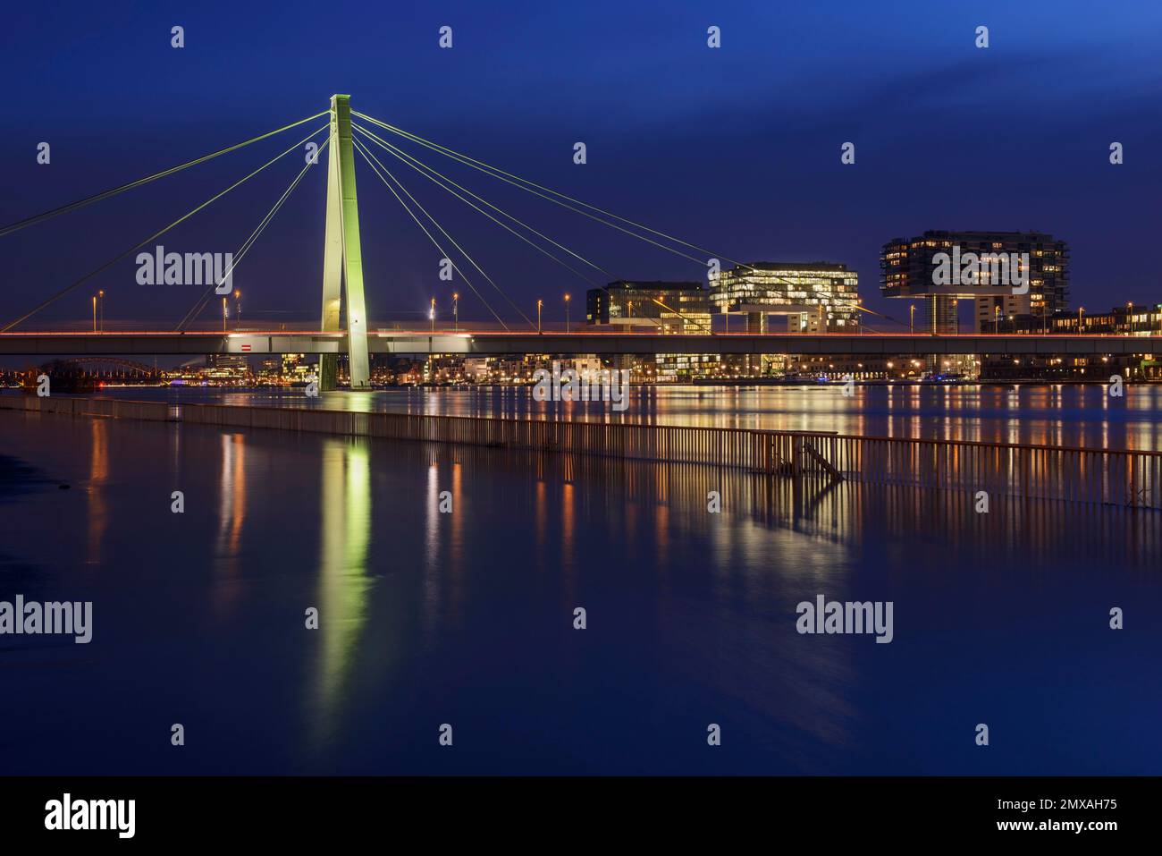 High water in Cologne, Severinsbruecke and crane houses, view from the ...