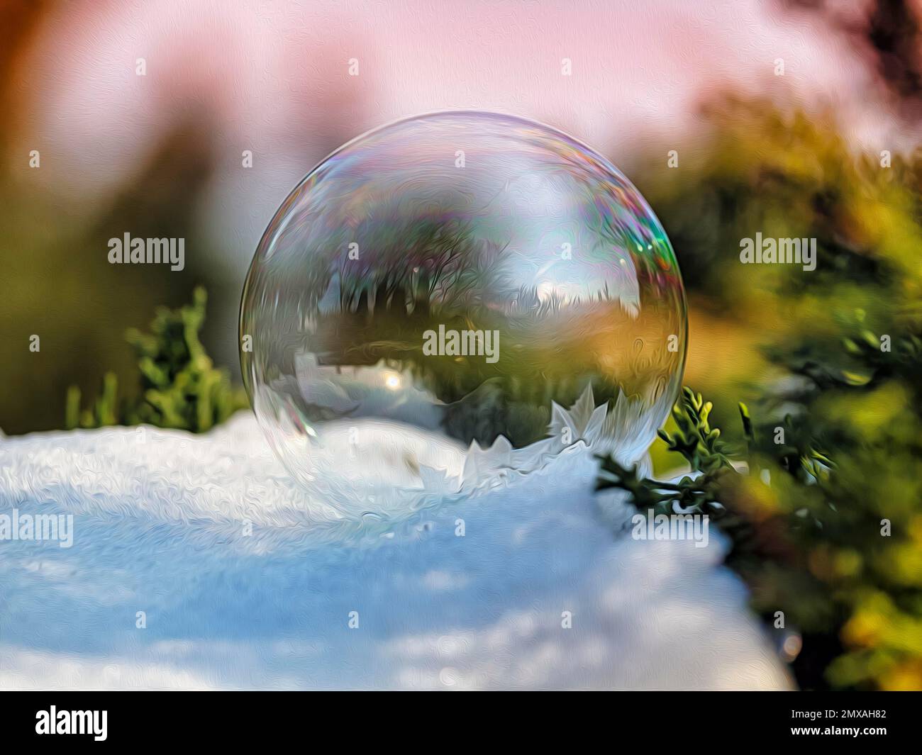 Freezing soap bubble with ice crystals on snow, stylised oil painting ...