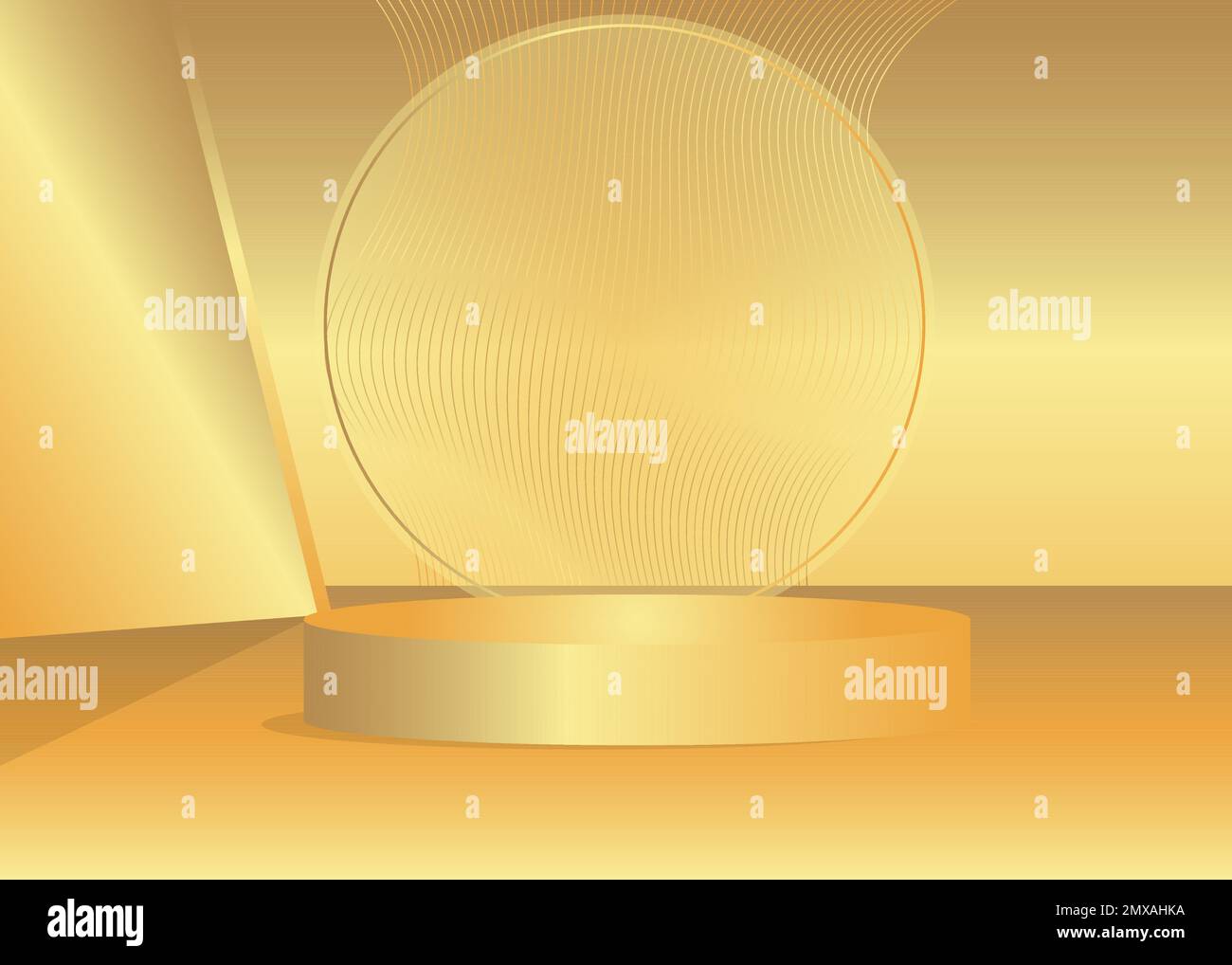 Gold product display. Vector 3D golden room, cylinder pedestal podium ...