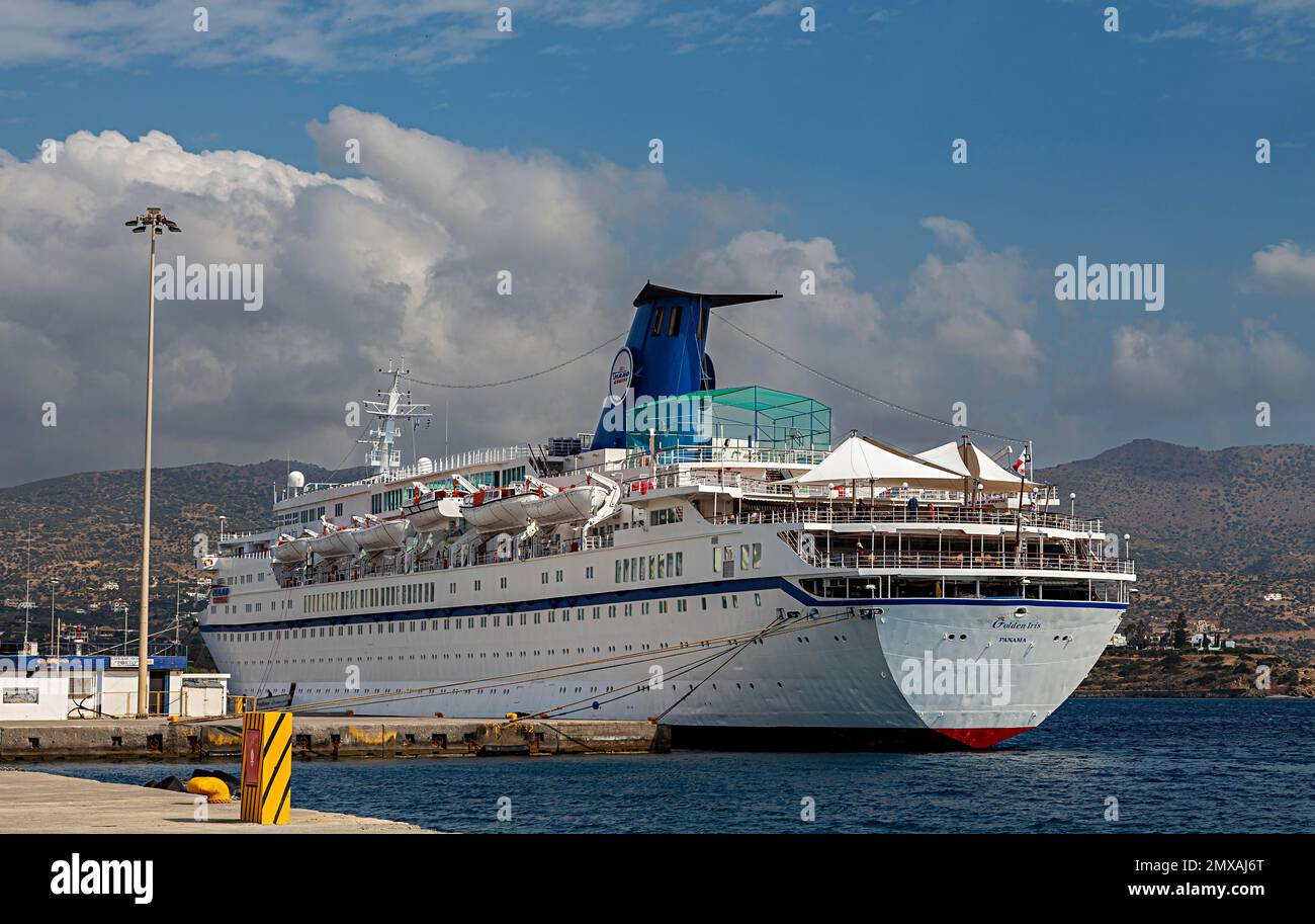 Small cruise ship in the port of Agios Nikolaos, Crete, Greece Stock ...