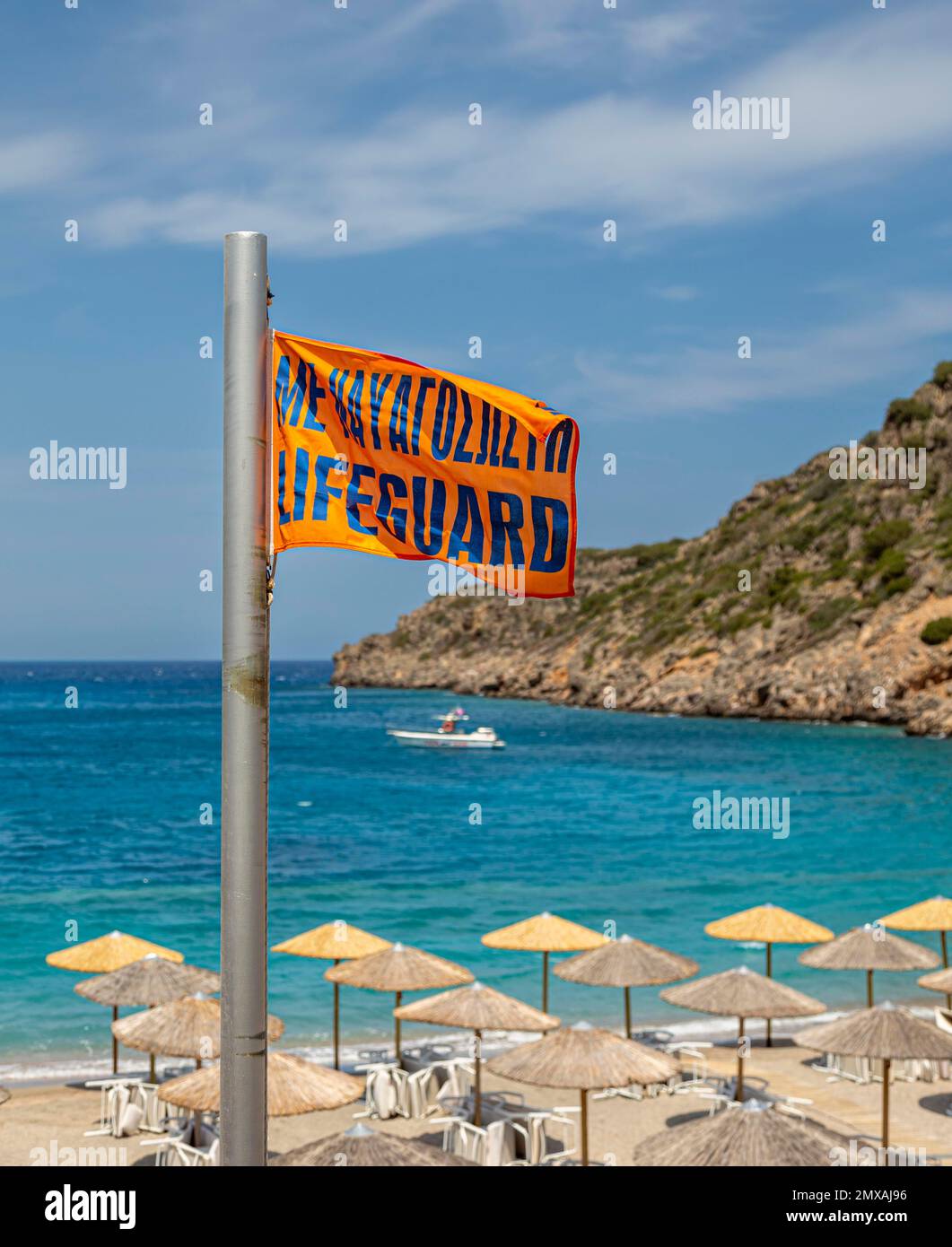 Lifeguard flag on the beach, Crete, Greece Stock Photo - Alamy