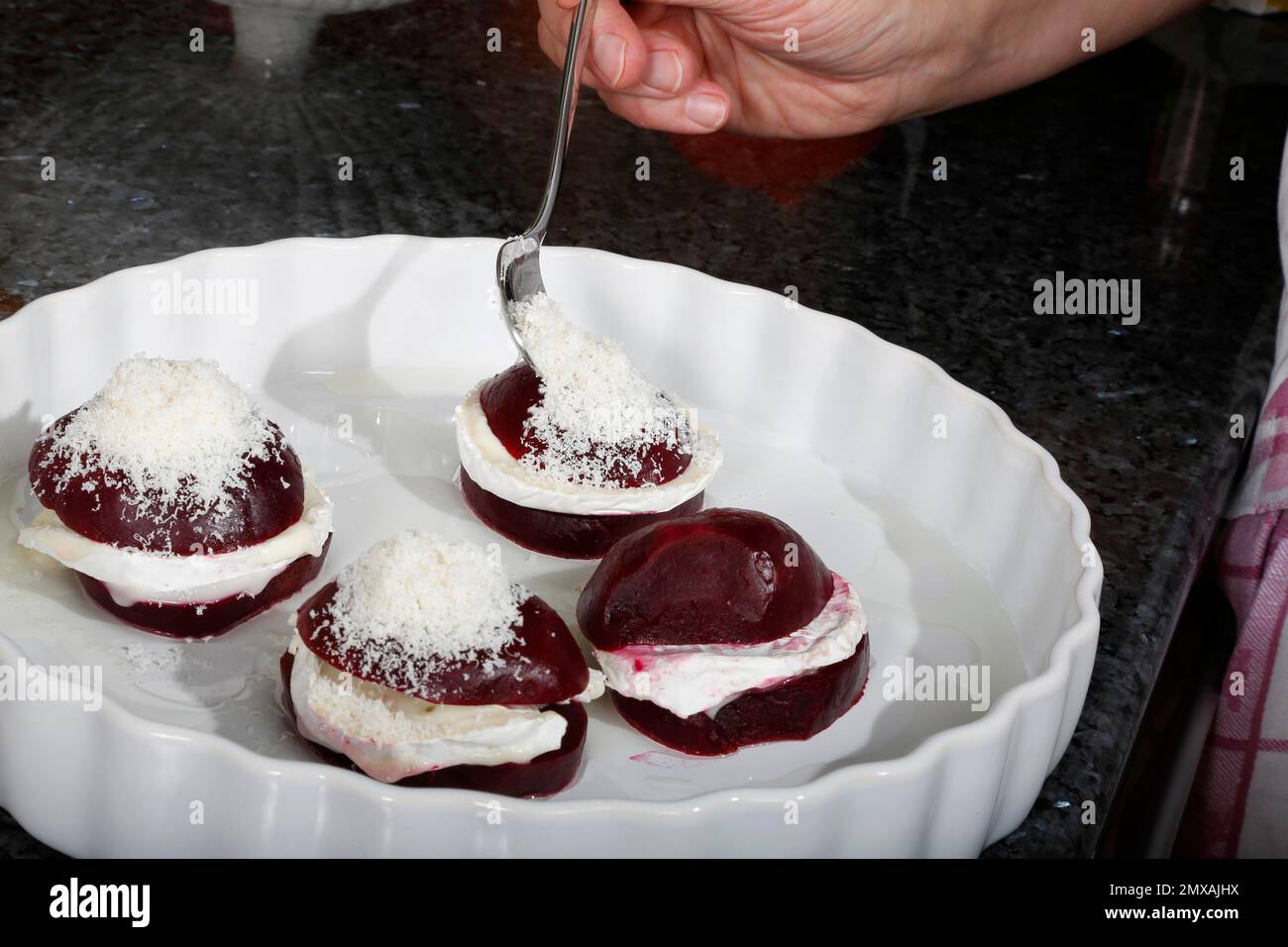 Southern German cuisine, preparation goat cheese beetroot burger, man's ...
