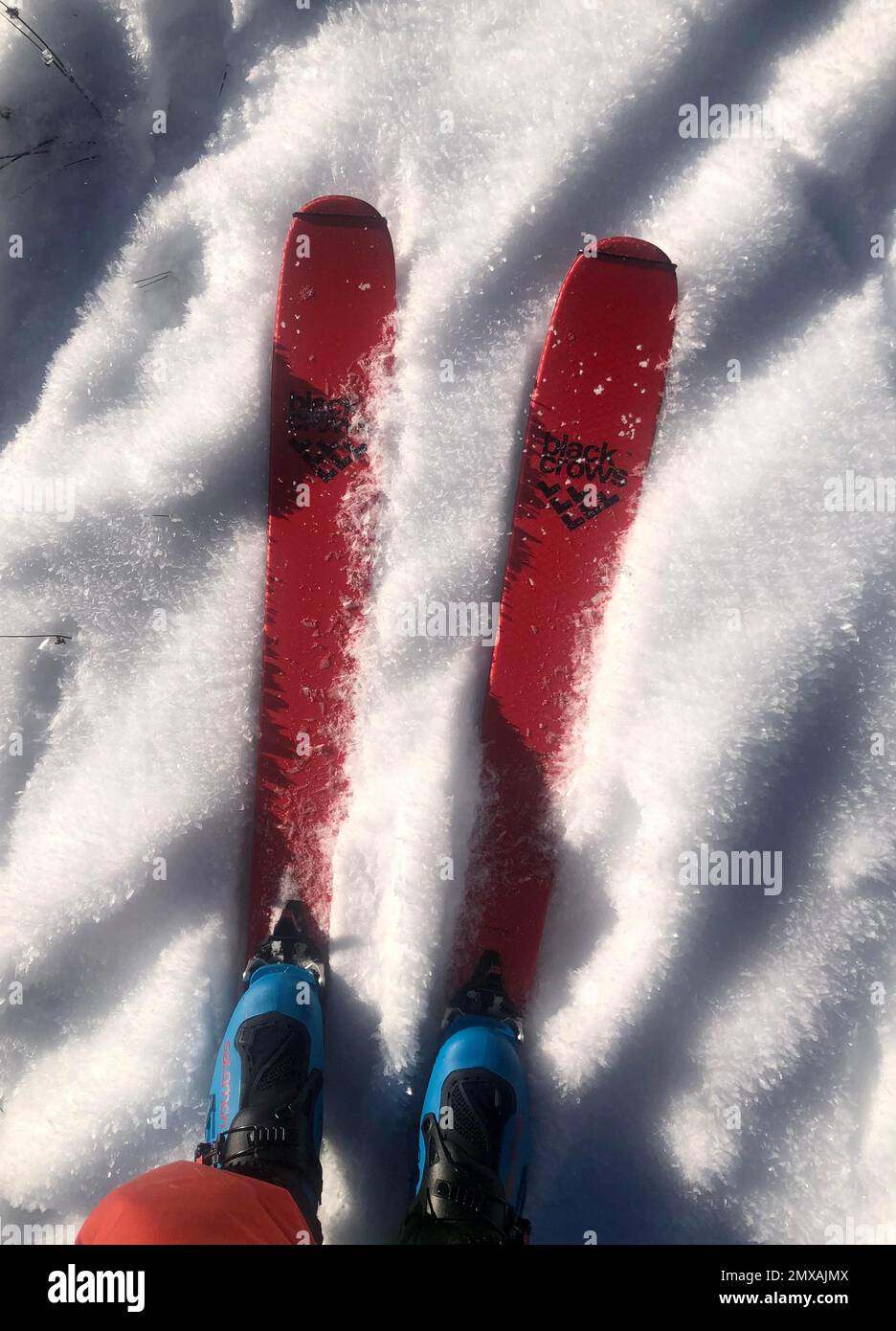 Feet with red touring skis in the snow, Bavaria, Germany Stock Photo ...