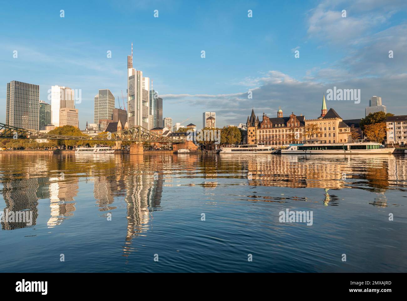 Excursion boats on the river bank, view over the Main, skyline ...