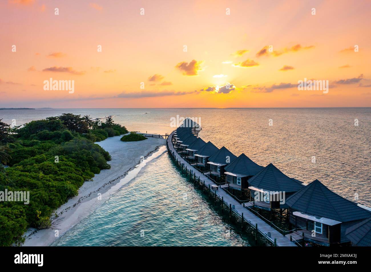 Aerial View Kuredu With Beaches And Water Bungalows Lhaviyani Atoll Maldives Indian Ocean