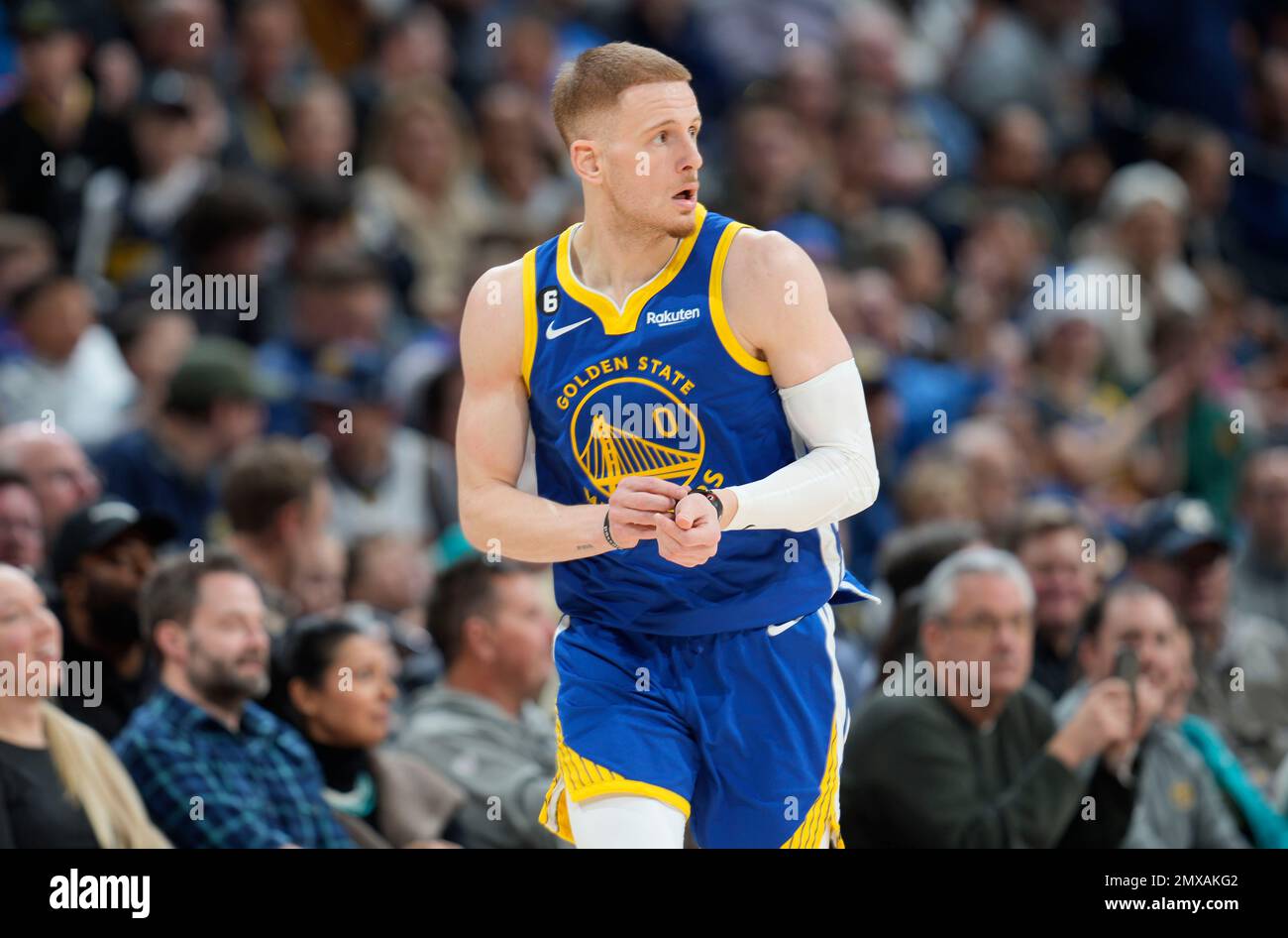 Golden State Warriors guard Donte DiVincenzo reacts after hitting a 3 ...