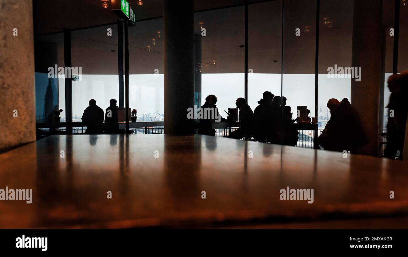 Visitors in cafe, bar, enjoying view, silhouettes in backlight ...