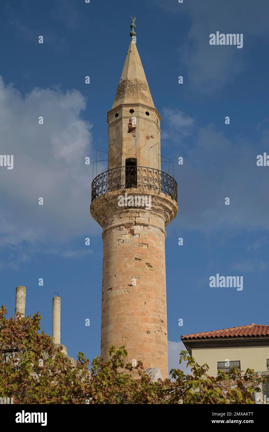 Minaret Gazi Hussein Pasha Mosque, Chania, Crete, Greece Stock Photo ...