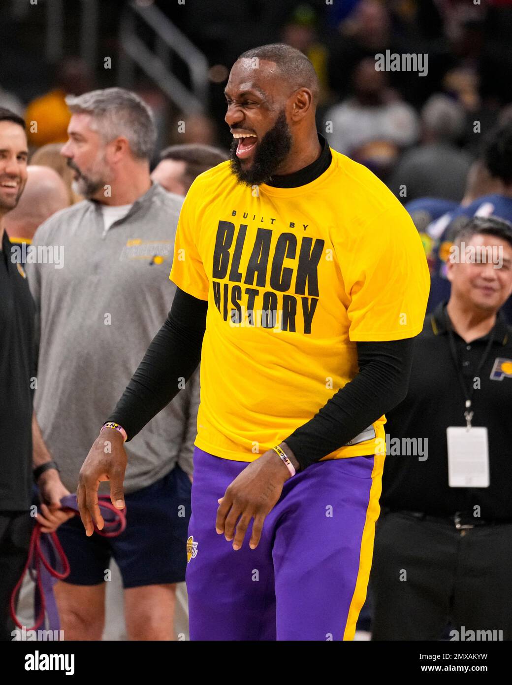 Los Angeles Lakers forward LeBron James (6) laughs during warm ups ...