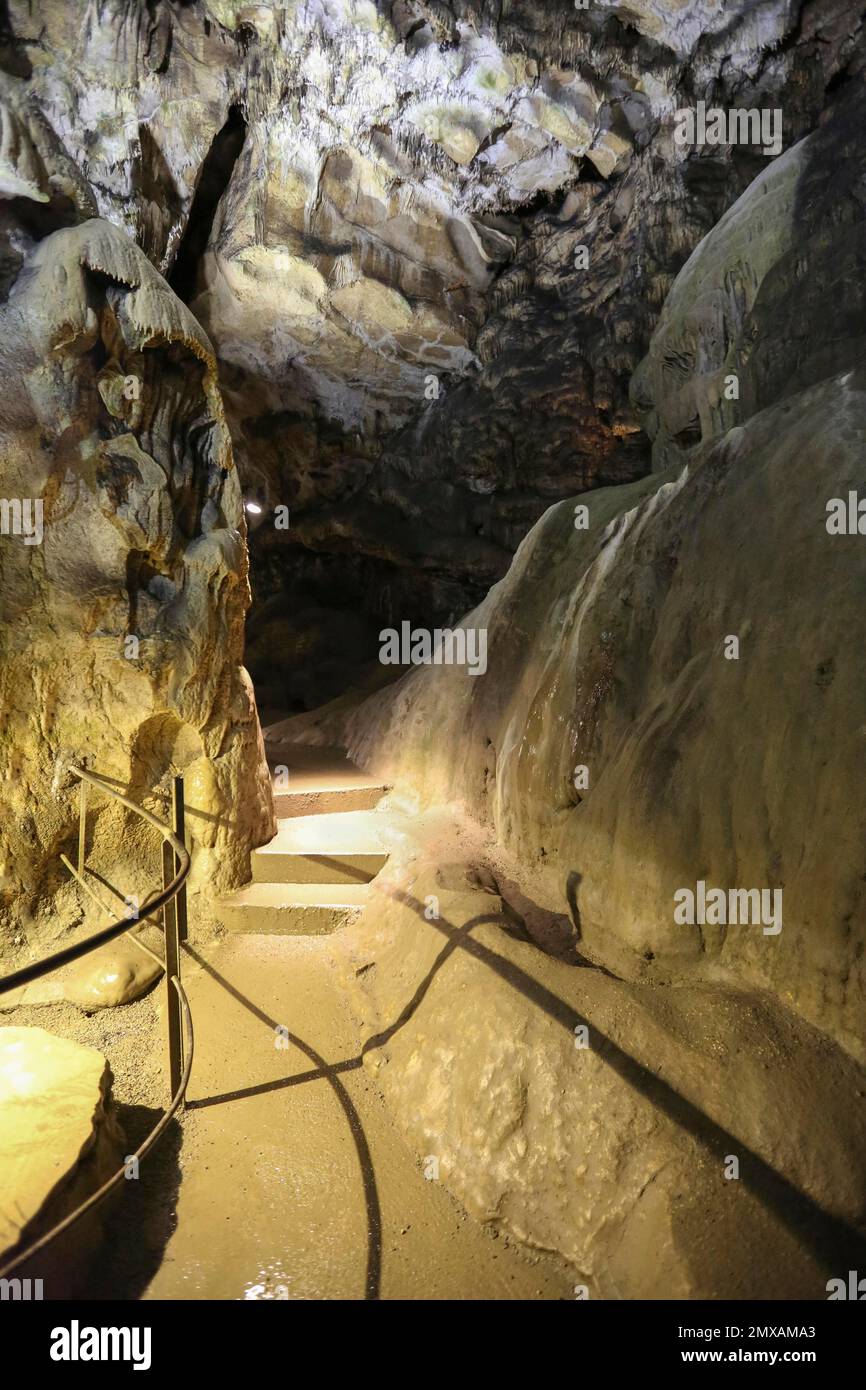 Nebelhoehle, dripstone cave, path, stairs, metal railing, handrail ...