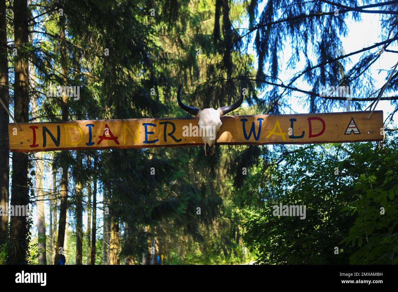 Wooden sign Indian forest in forest ropes course, animal skull ...