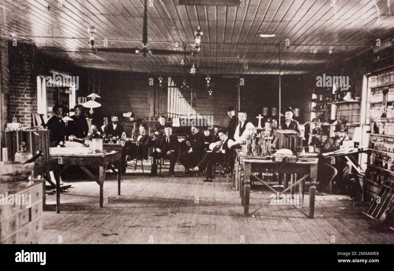 Old black and white photo, Thomas Edison, Menlo Park laboratory with ...