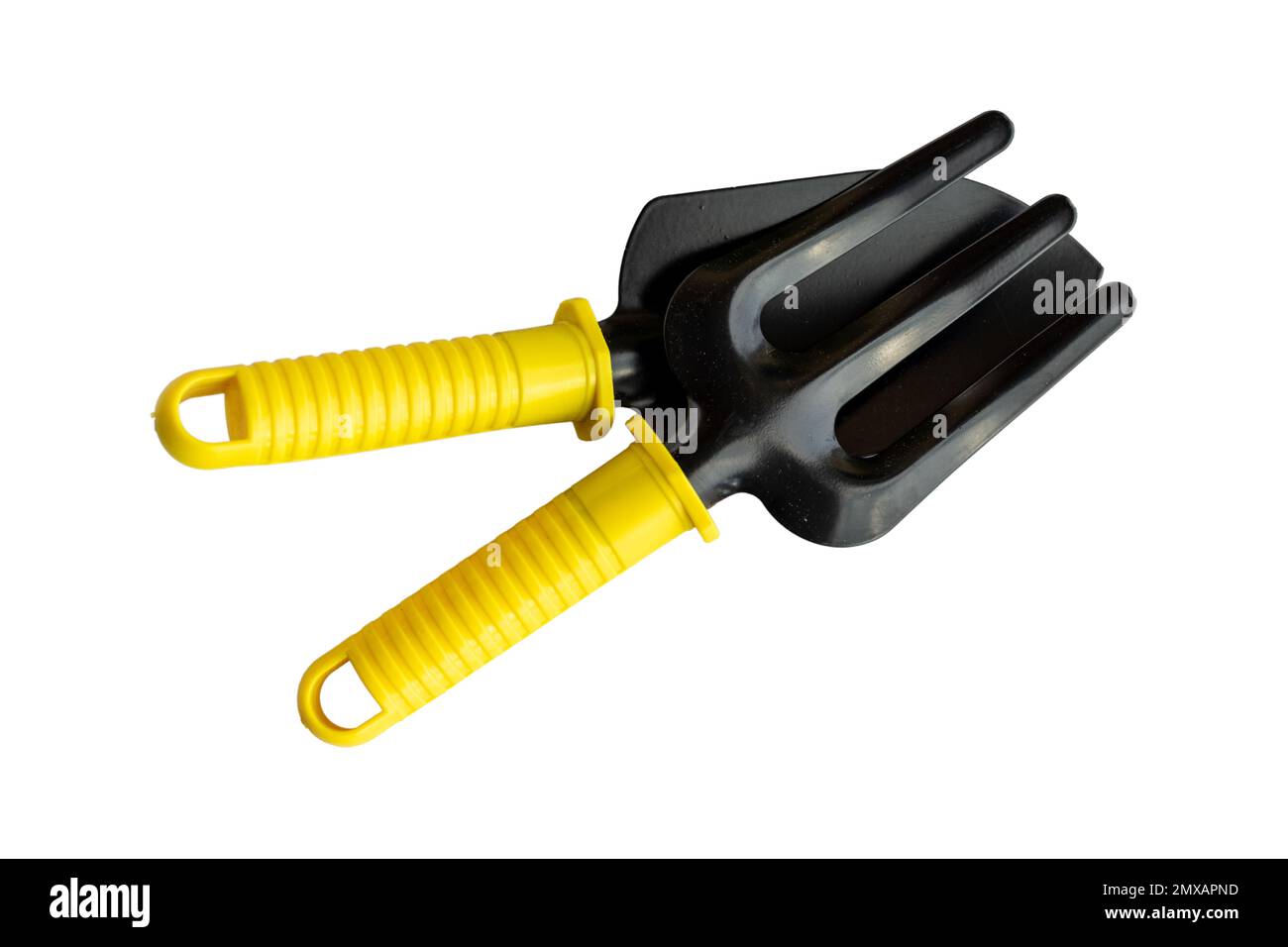 Hand trowel and hand fork gardening tools isolated on white background ...