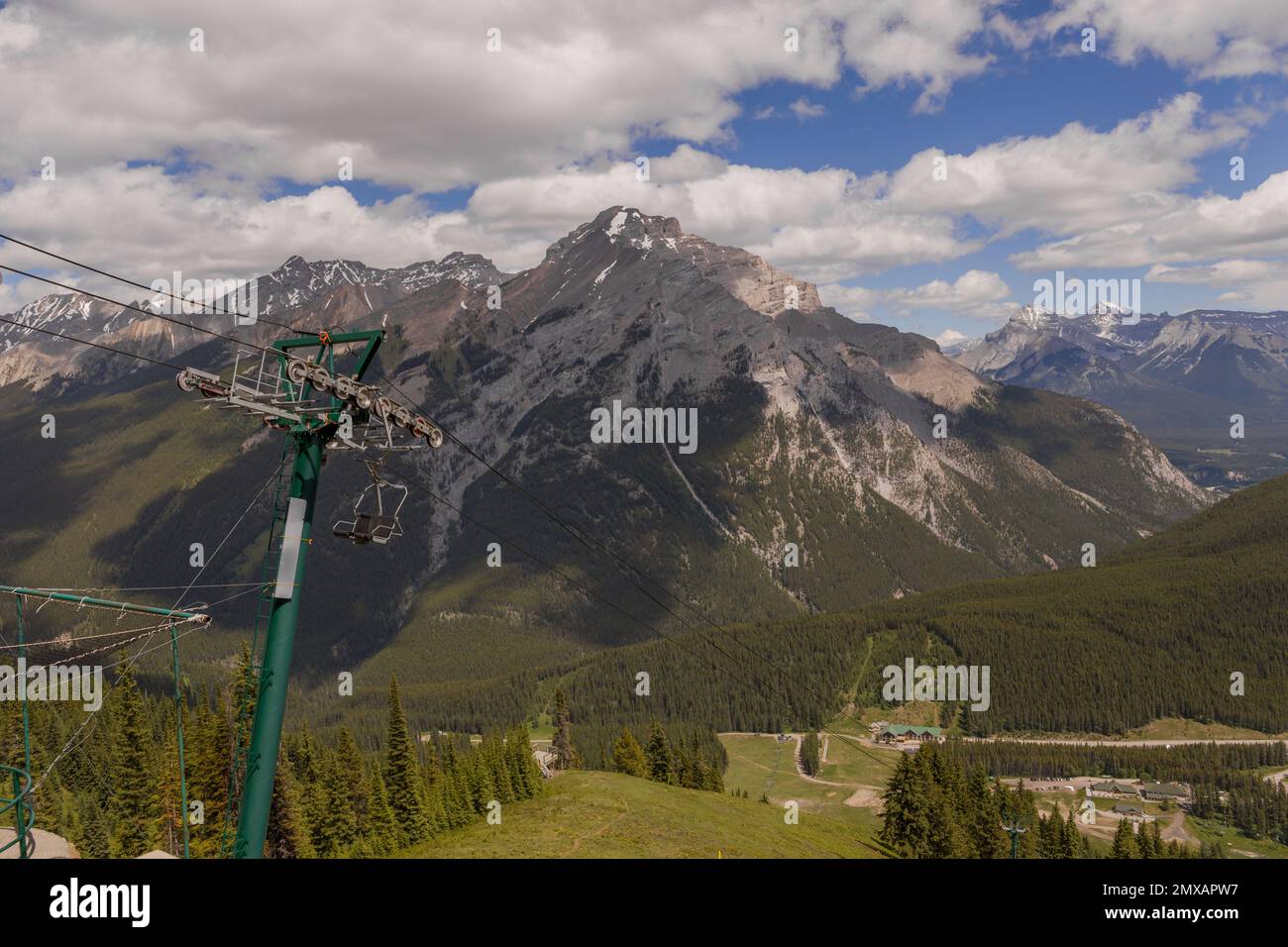 Mountain landscape - coniferous forest, beautiful blue sky with clouds ...