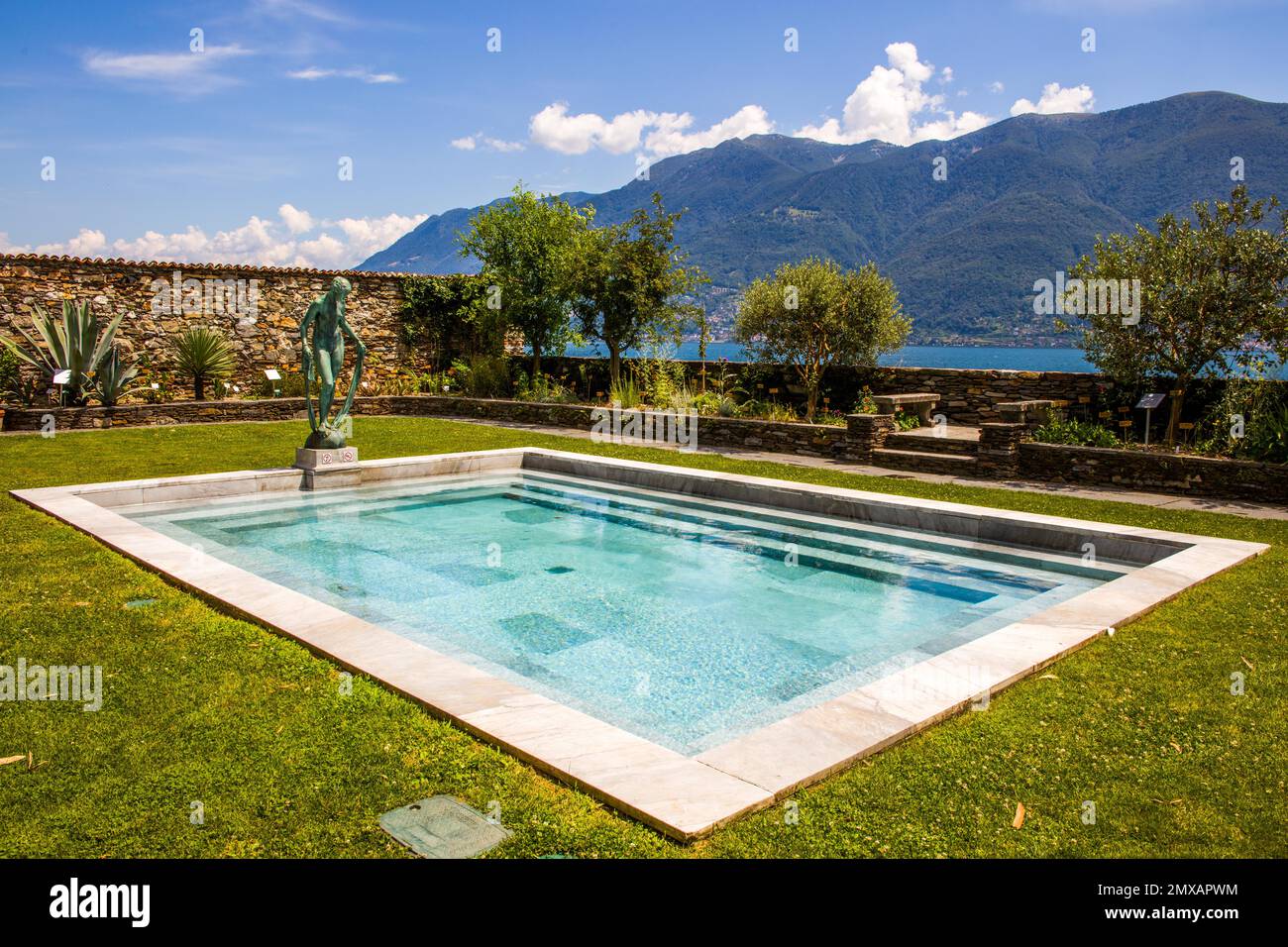 Swimming pool, subtropical botanical garden on the Brissago Islands in Lake Maggiore, Ticino ...