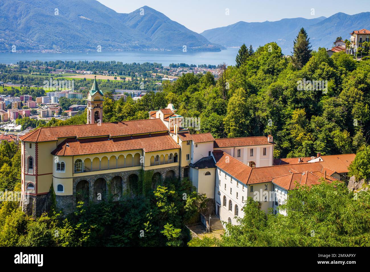 View over Lake Maggiore and the pilgrimage church Madonna del Sassoon ...