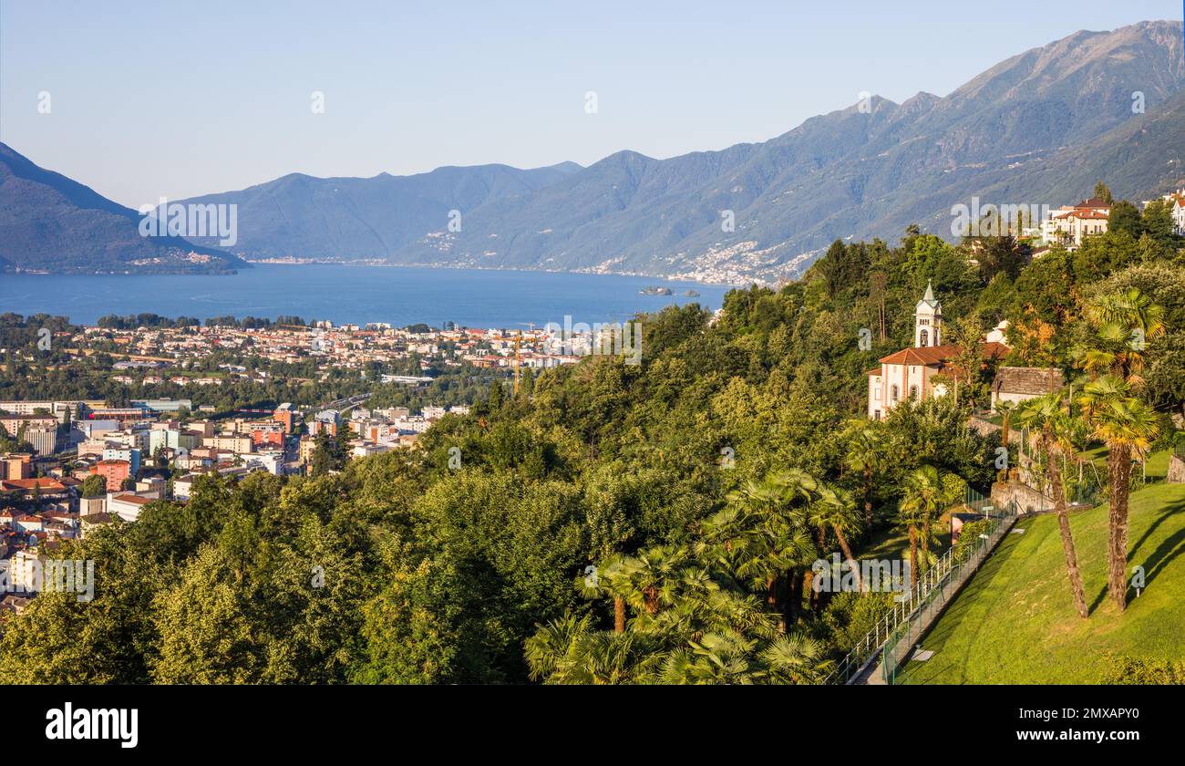 View over Lake Maggiore and the pilgrimage church Madonna del Sassoon ...
