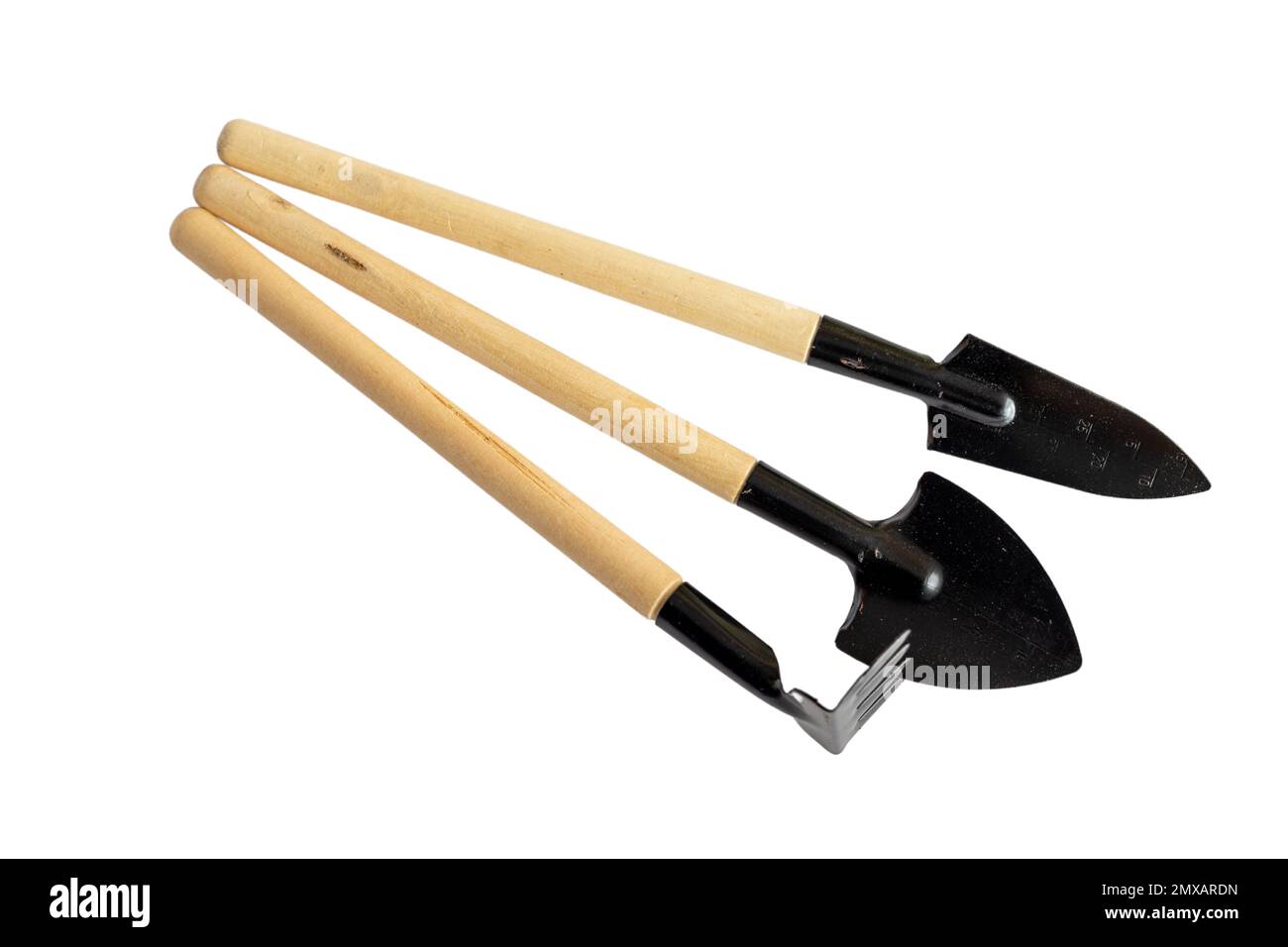 Mini rake and spade for gardening tools set isolated on white ...