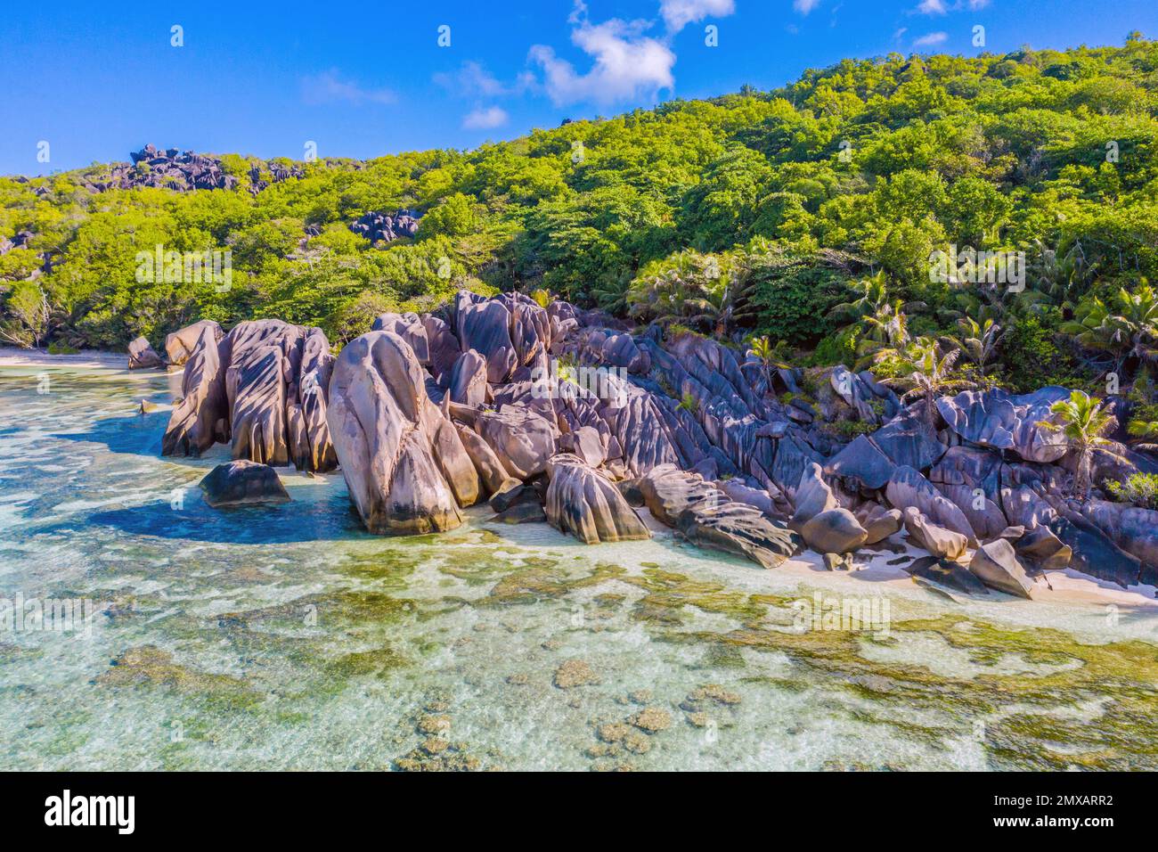 Aerial view of Anse Source d'Argent beach in La Digue, Seychelles Stock ...