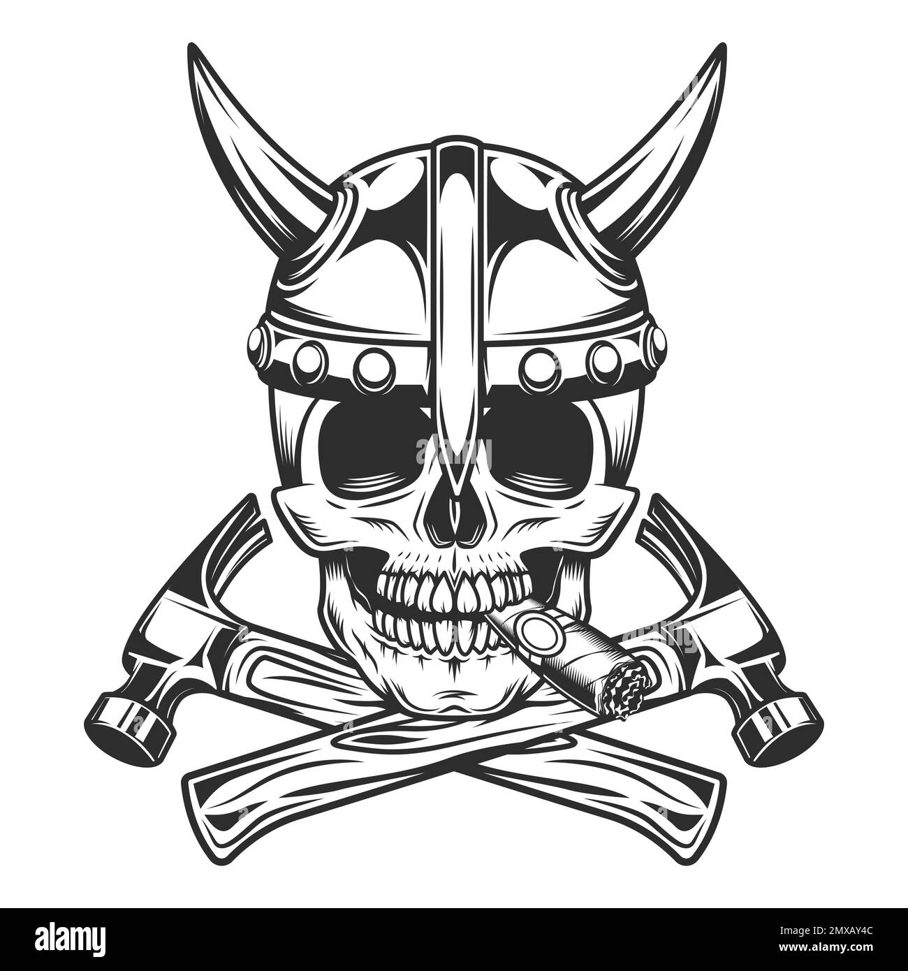 Skull smoking cigar or cigarette smoke with viking helmet and crossed ...
