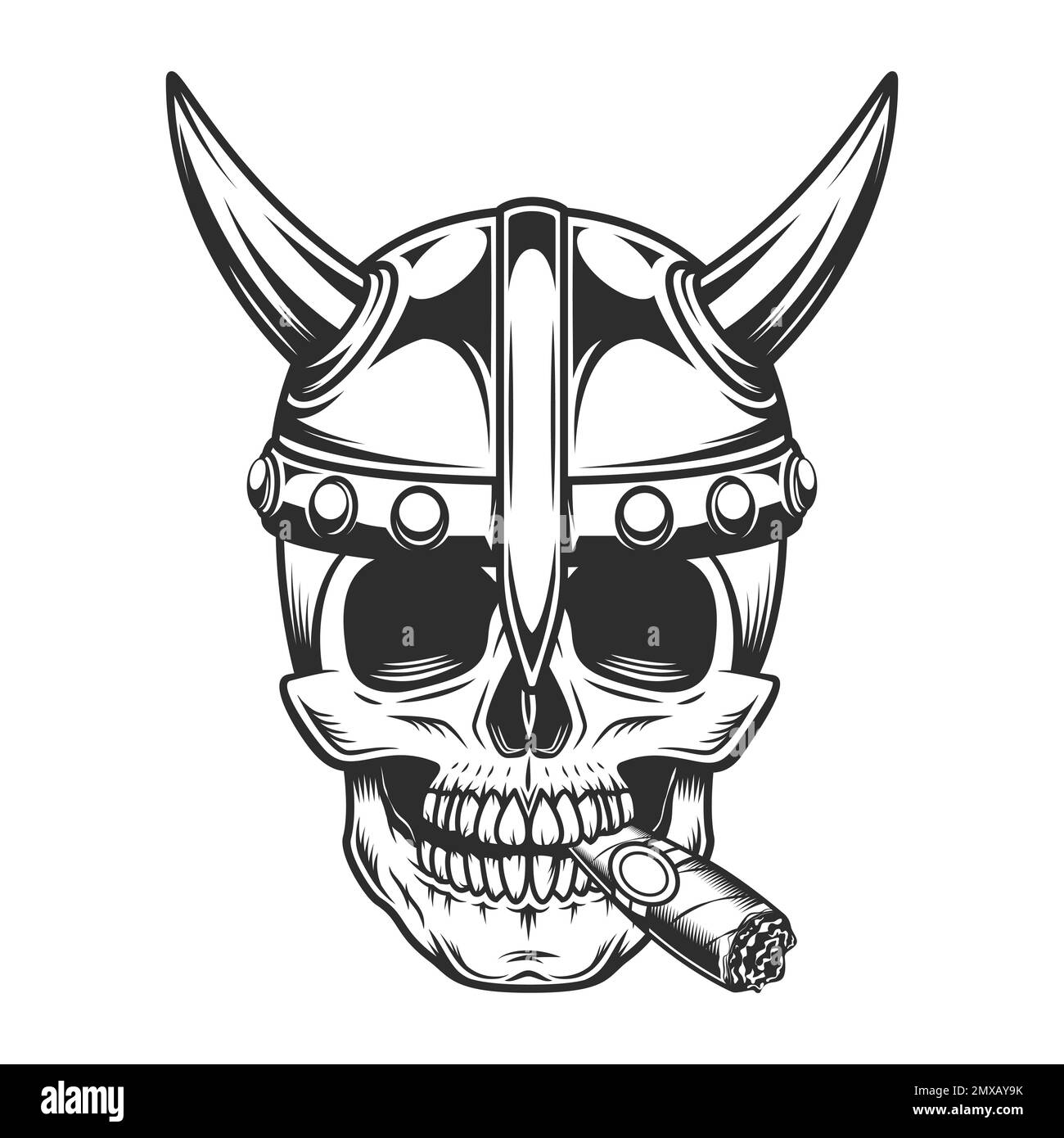 Viking vintage emblem with skull smoking cigar or cigarette smoke ...